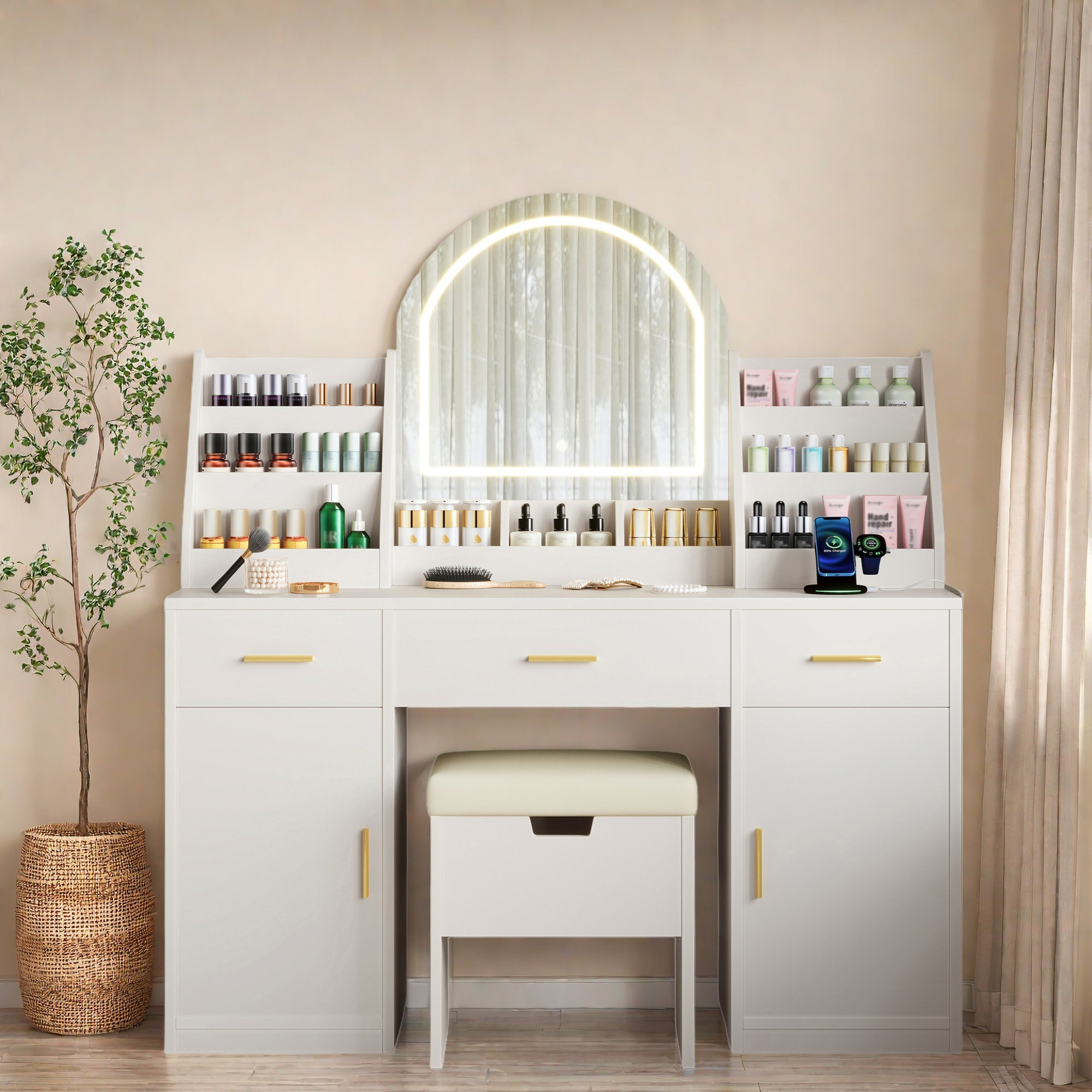 Ivy Bronx Makeup Vanity With Led Mirror, 2 Organizers, 3 Drawers, 2 ...