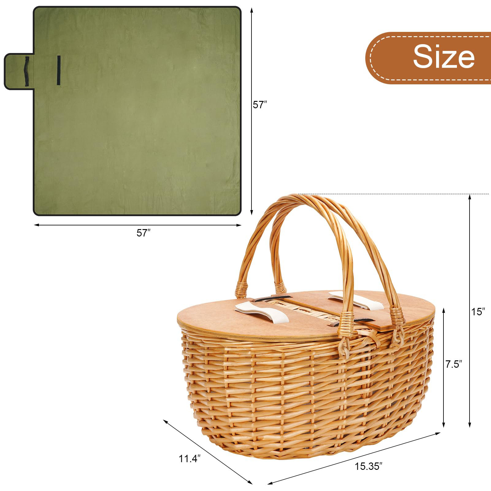 One Allium Way Cooler Picnic Basket With Blanket, Wooden Split Lid ...