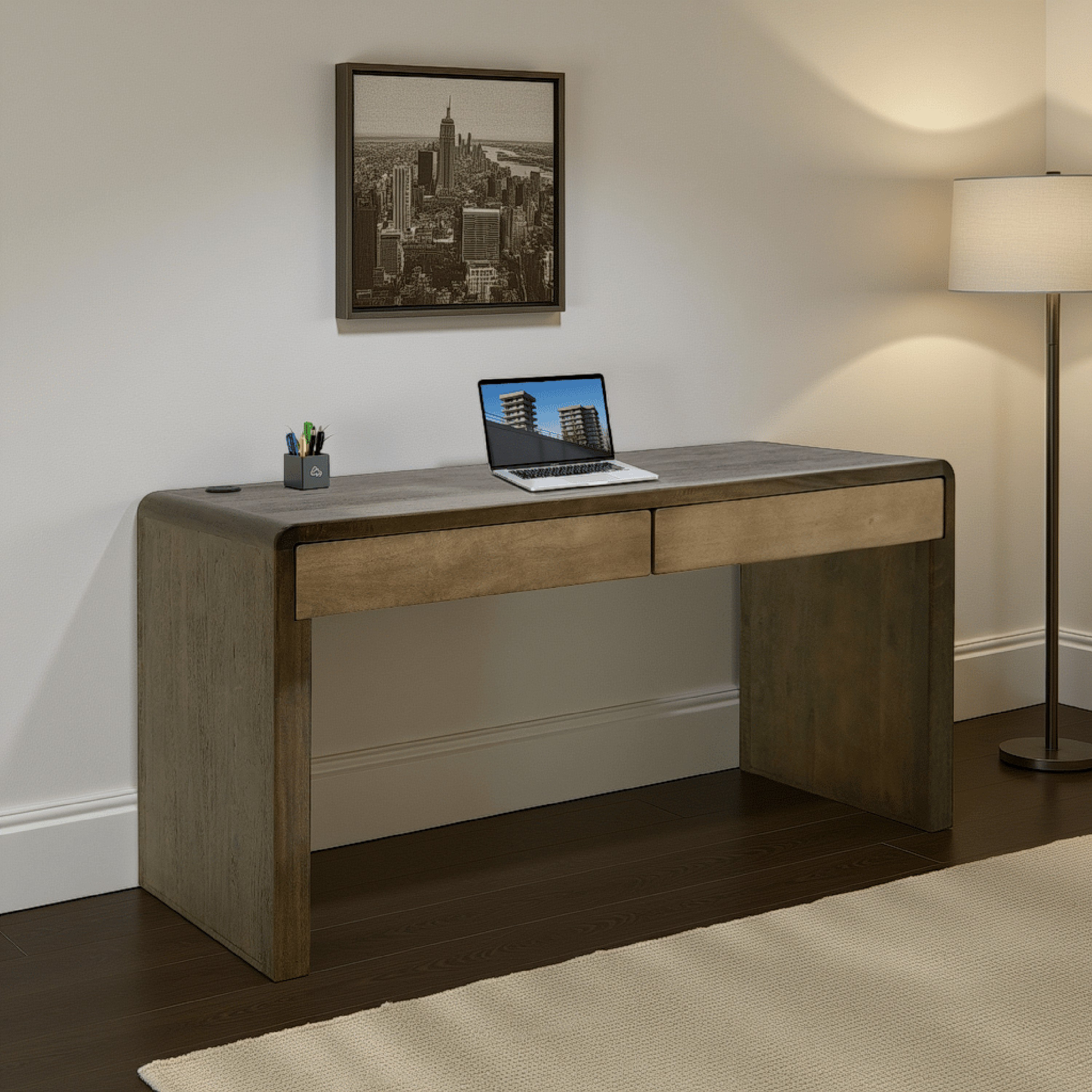 Benjara Esis Writing Desk, 2 Drawers, USB Ports, Dark Brown Mango Wood ...
