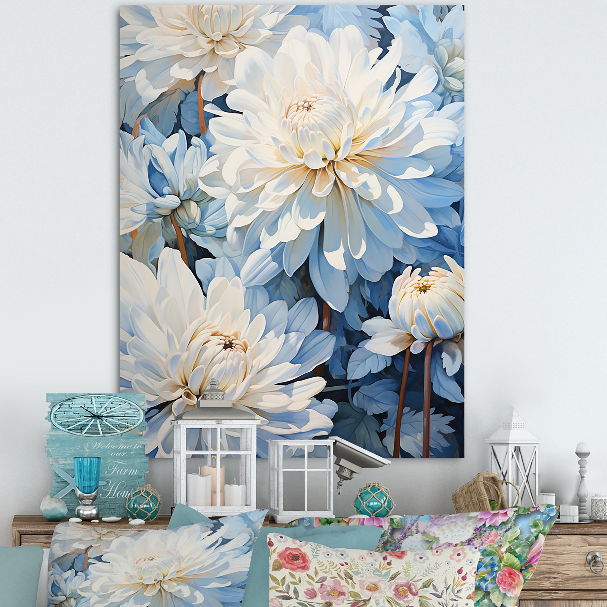 Design Art Minimalism Blooming Mums In Blue And Whhite II On Canvas ...