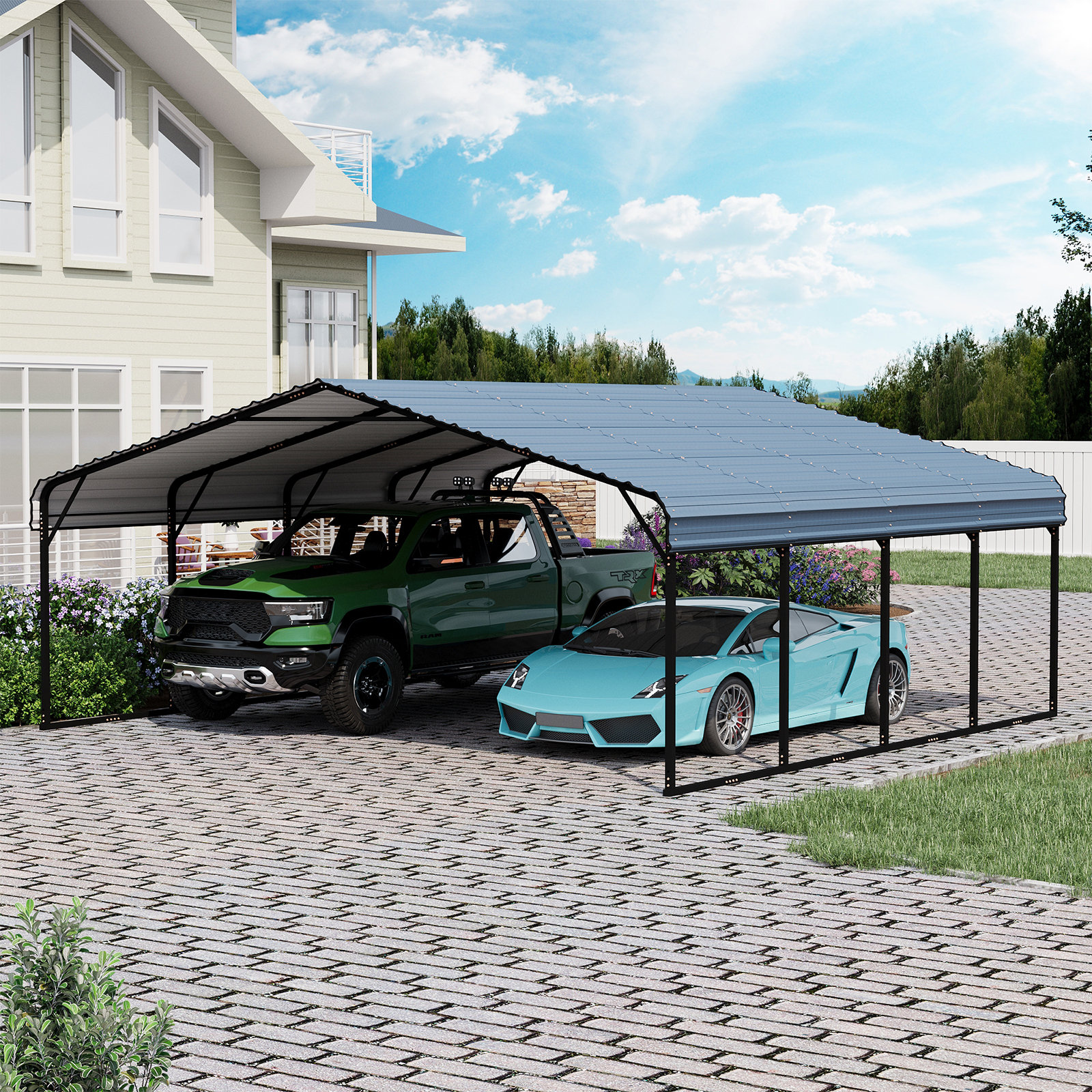 DSNAPE 20' X20' Heavy-duty Metal Carport, Galvanized Steel Roof & Frame ...