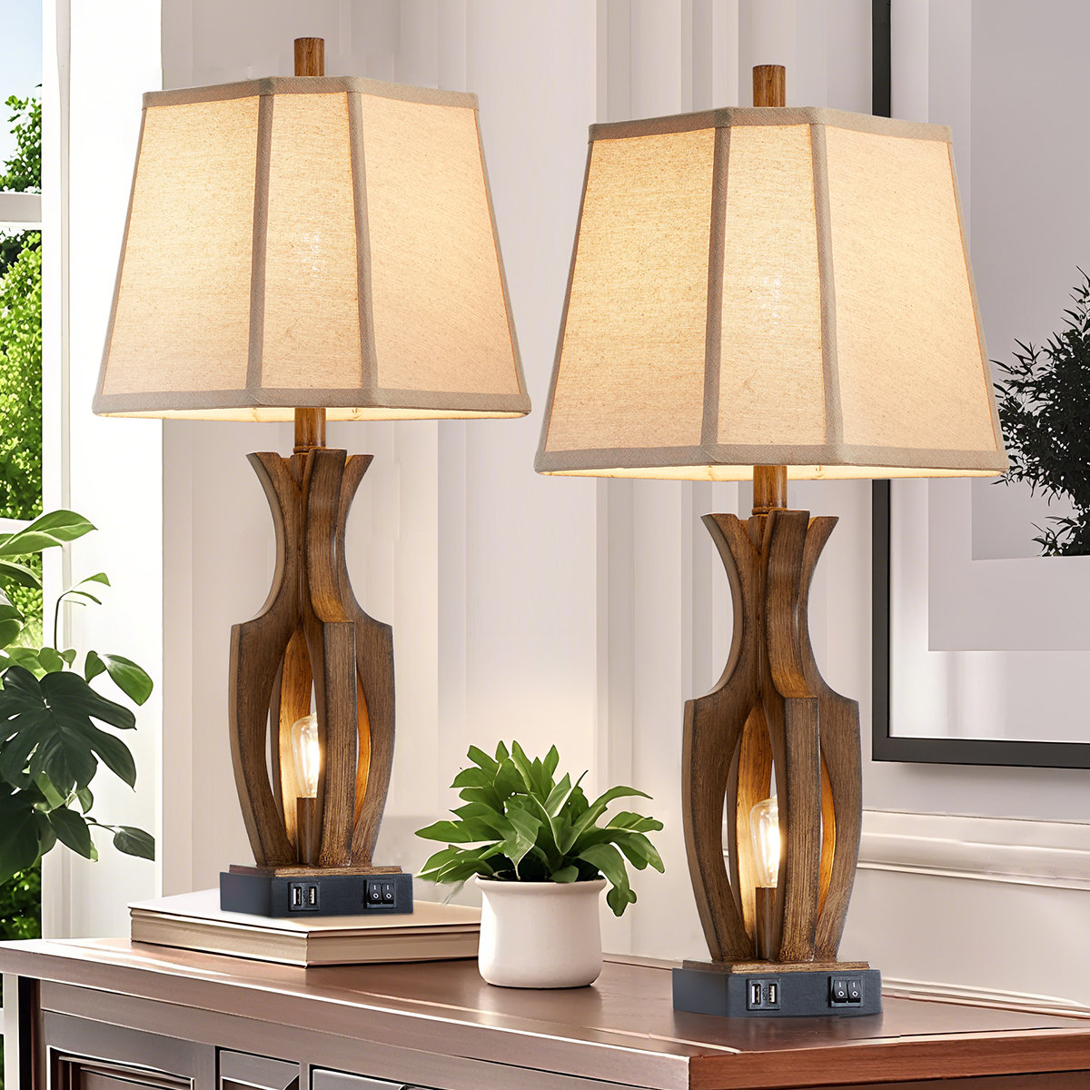 Astoria Grand Lampe de table à grain de bois de 26 po avec veilleuse et ...