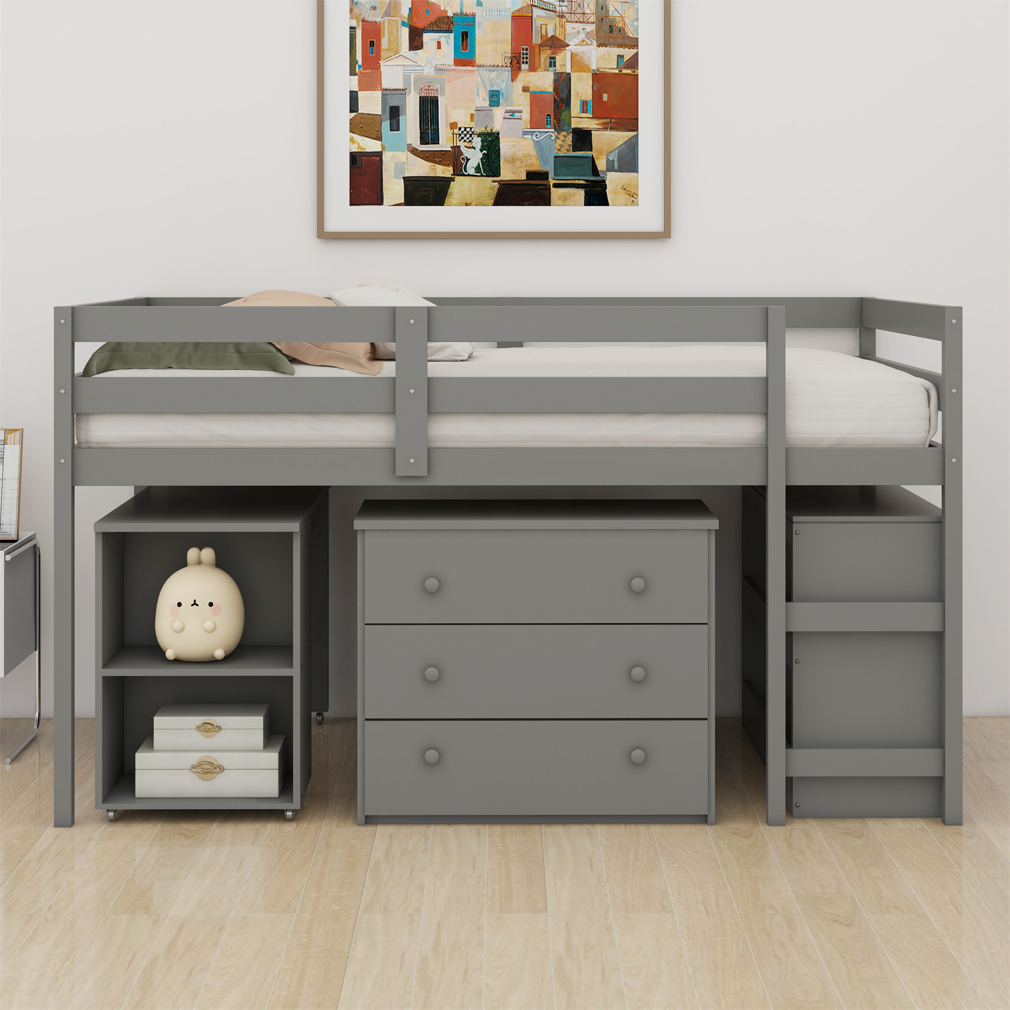 Latitude Run® Low Study Loft Bed With Shelf, Drawers And Rolling Portable Desk | Wayfair