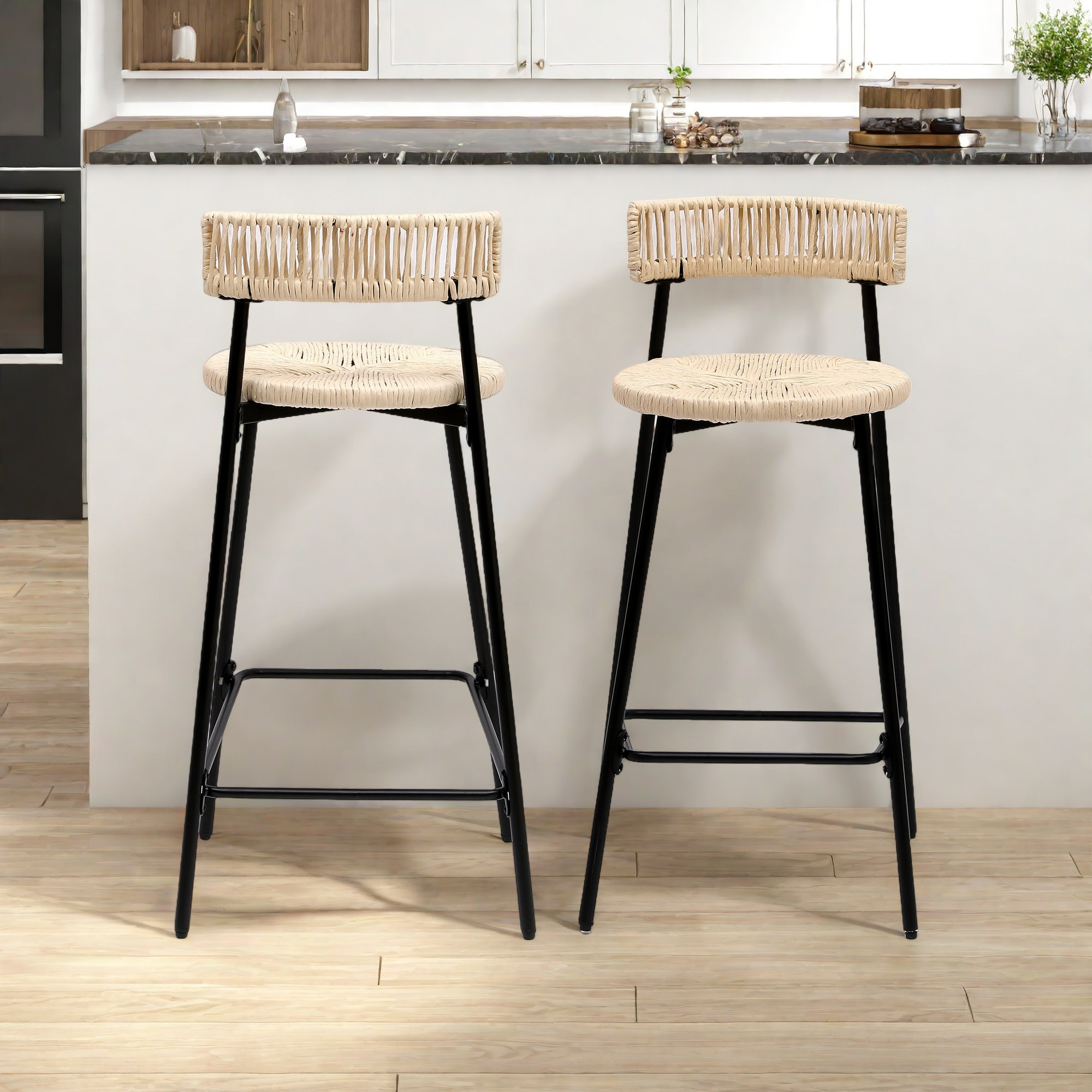 Bay Isle Home™ Paper Rope Weave Bar Stools With Footrest And Metal ...