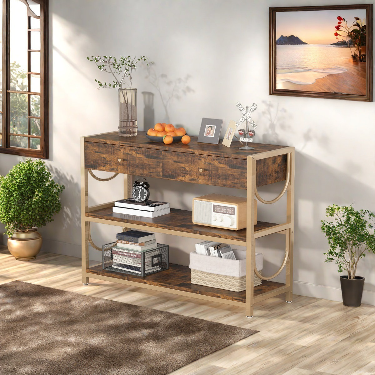 Ebern Designs Narrow Entryway Table With Storage And Metal Frame | Wayfair