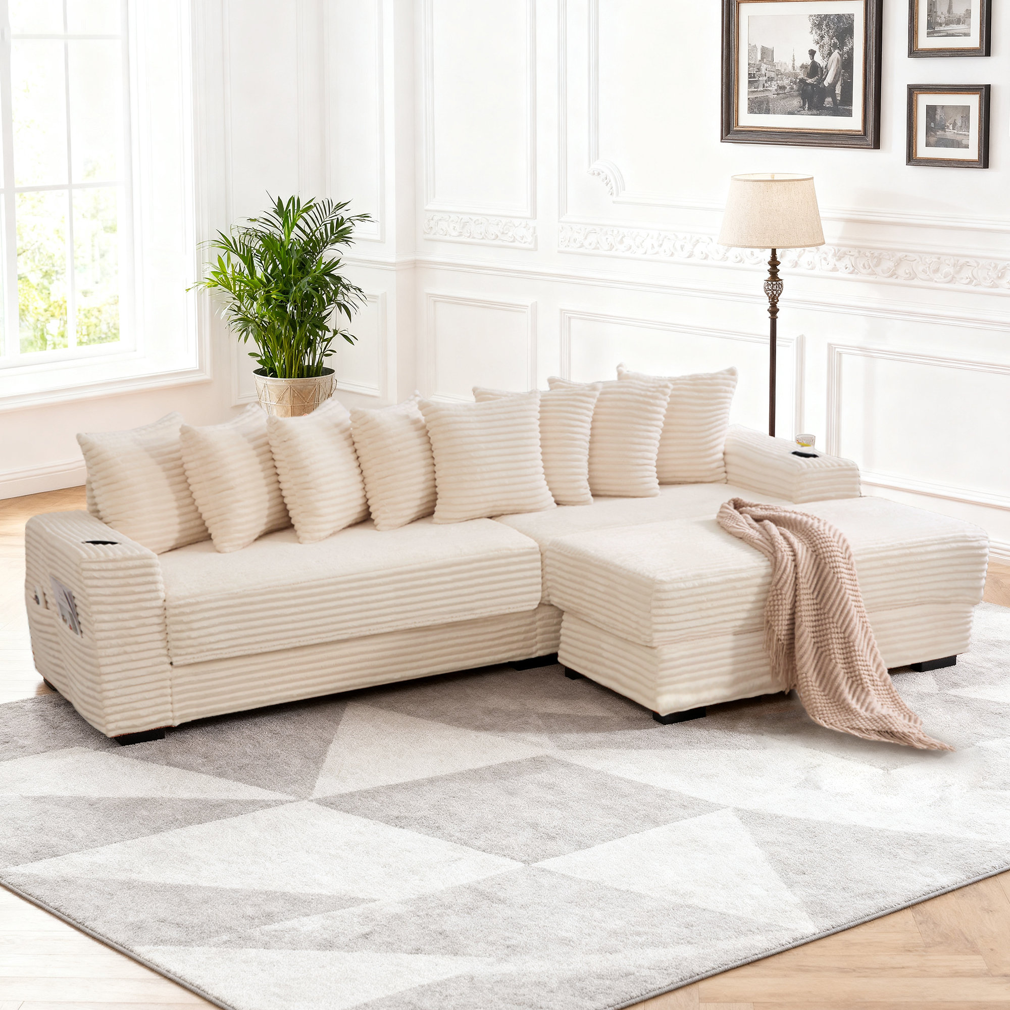 Mercer41 Corduroy Sectional Couch With Footstool, Cup Holders & Side ...