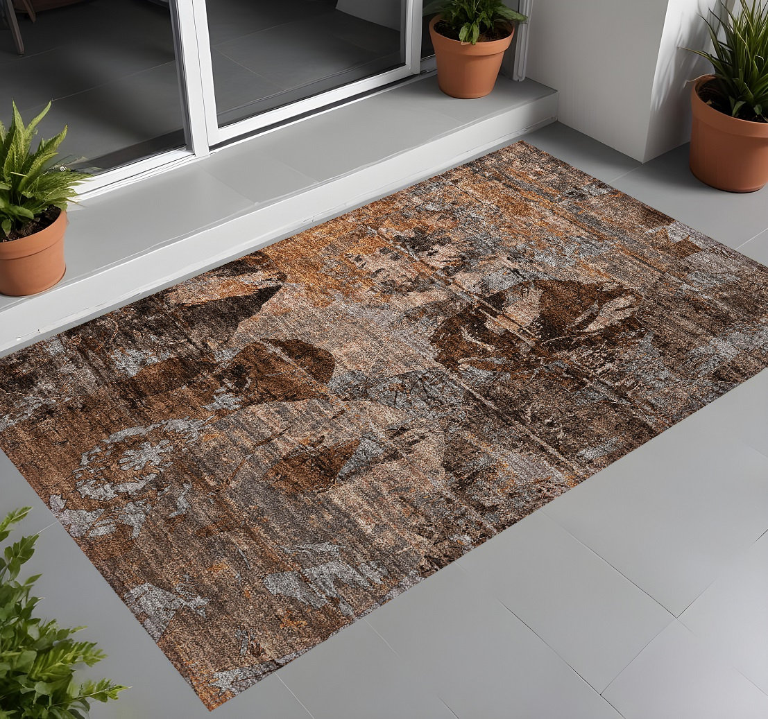 HomeRoots 2' X 3' Brown Terracotta and Gray Floral Washable Non Skid ...