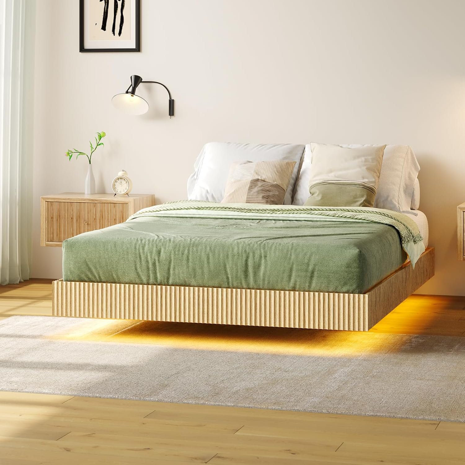 Wrought Studio™ Queen Floating Bed With Led Lights, Fluted Bed Floating ...