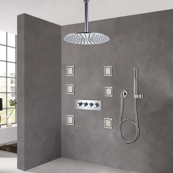 Juno Showers Matte Black Thermostatic Shower System with Rainfall Head ...