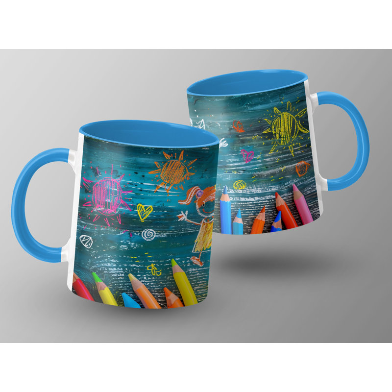 East Urban Home Kids Drawing Style 11oz Accent Mugs – White Ceramic ...