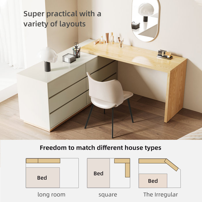 Latitude Run® Berek Vanity Extendable Vanity Table with 6 Drawers ...