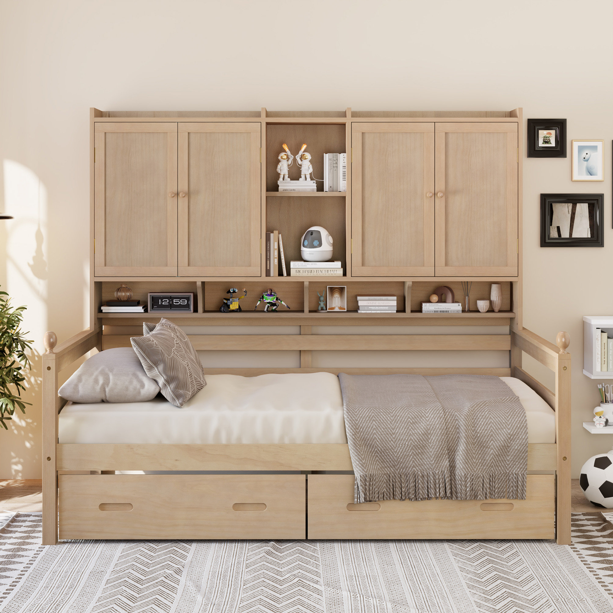 Alcott Hill® Wooden Storage Daybed with Bookcase Headboard and Two ...