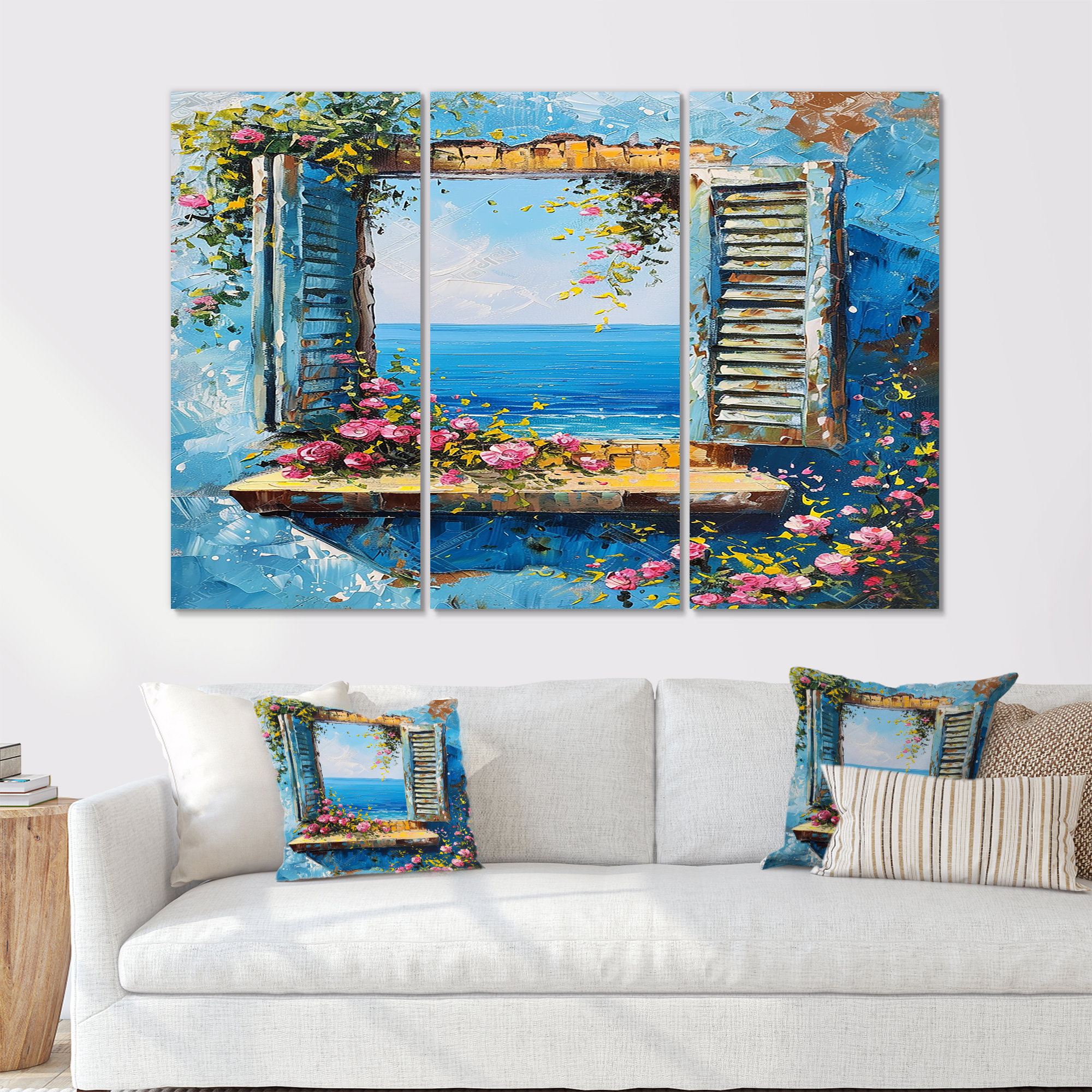 Design Art Pink Flower Rustic Window Mediterranean Sea - Coastal ...