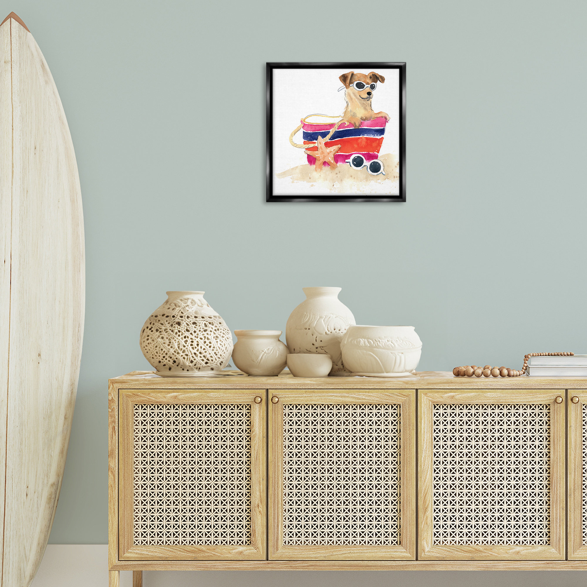 Trinx Sandy Dog in Beach Bag Framed Floater Canvas Wall Art by Geoff ...