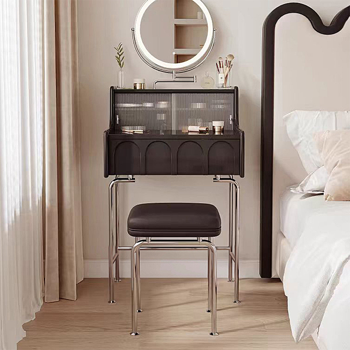 Orren Ellis Retro Black Solid Wood Compact Vanity Table with Makeup ...