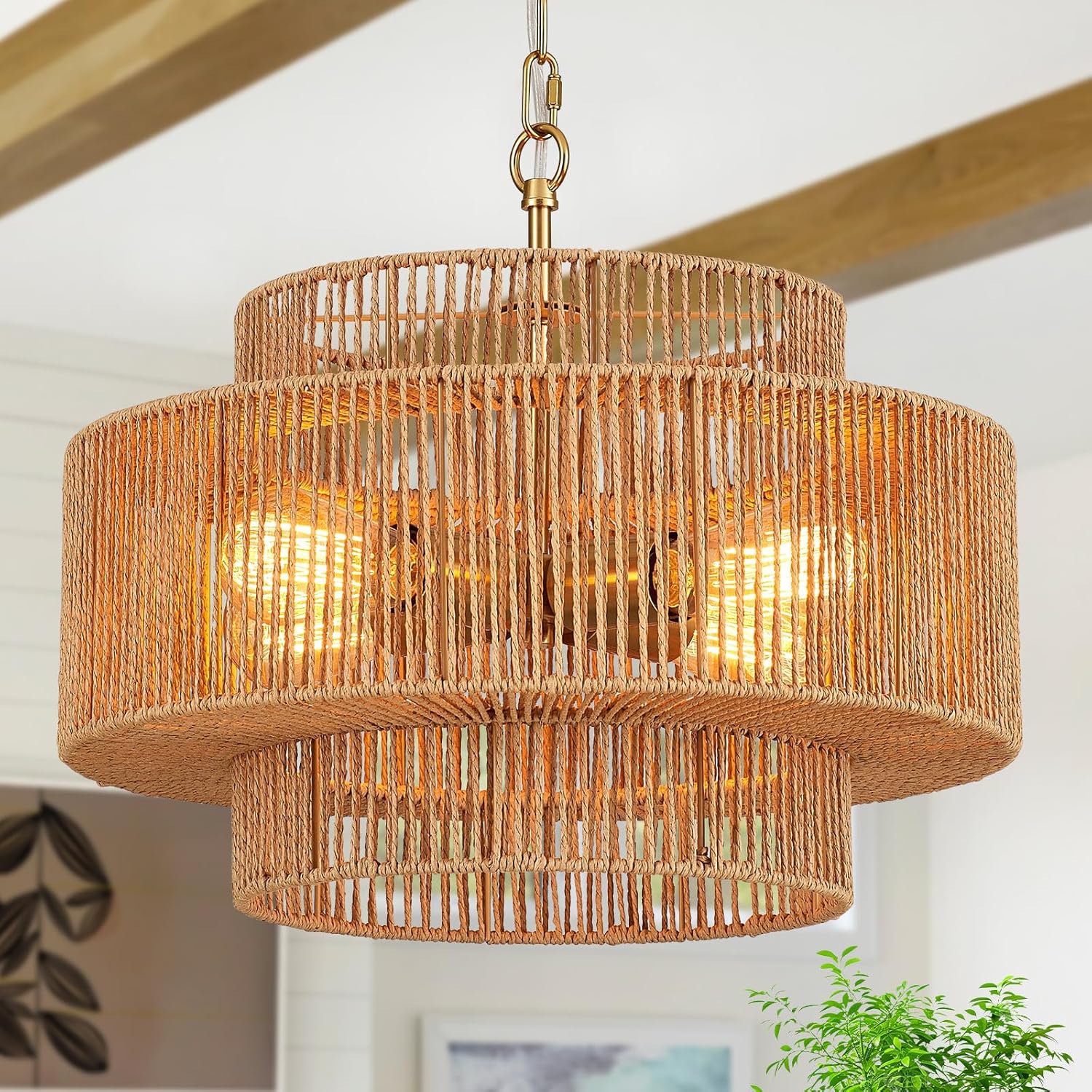 Dakota Fields Hand-Woven Boho Rattan Chandelier With Golden Metal Frame ...