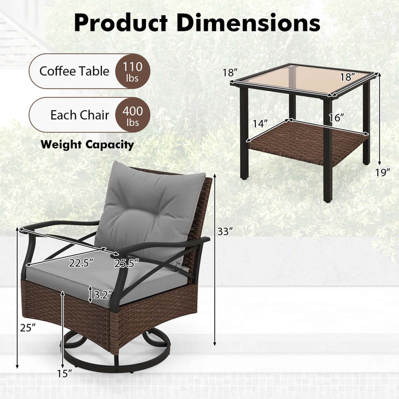 Winston Porter 3 Pcs Patio Swivel Rocker Set With 2-tier Coffee Table ...