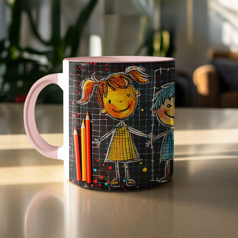 East Urban Home Set of 3 Kids Drawing Style 11oz Accent Mugs – White ...