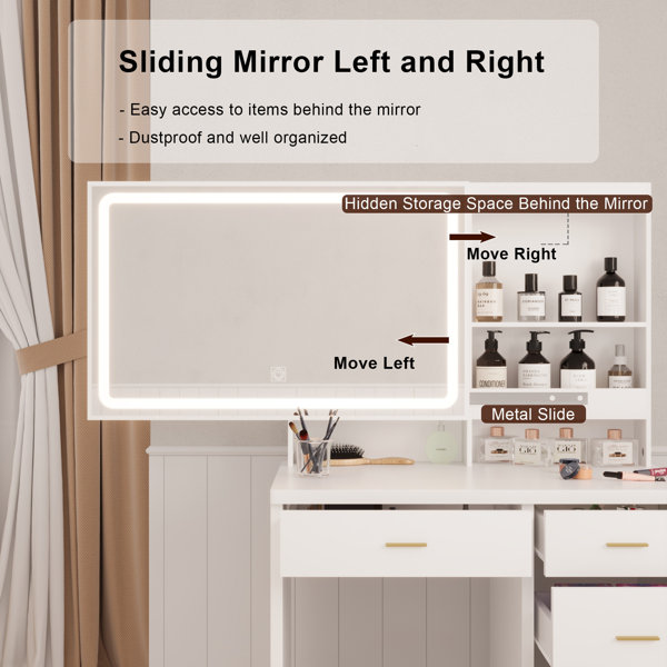 Wrought Studio™ Mickyla Vanity Desk With Lights Mirror & Stool ...