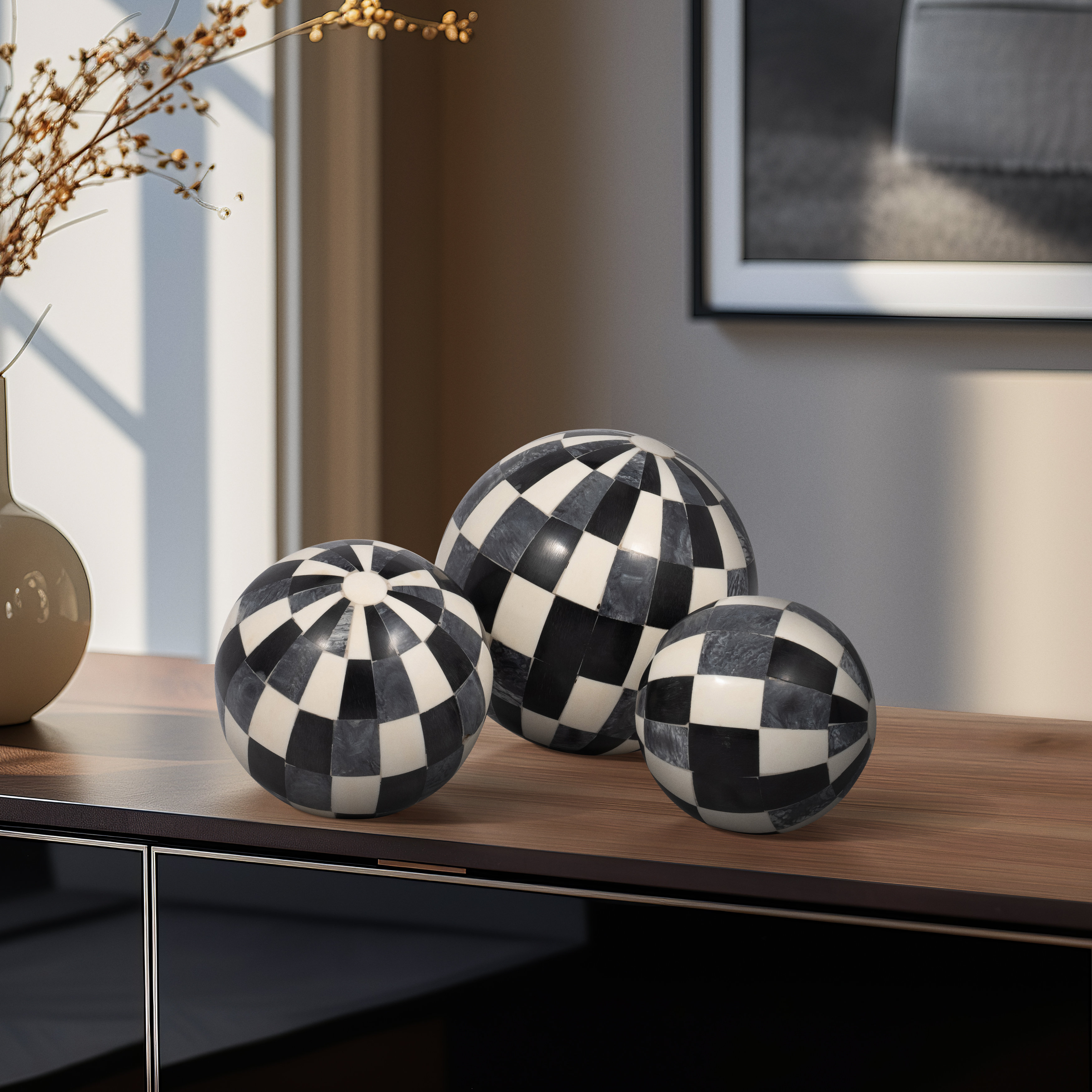 Ivy Bronx Modern Resin Set Of 3 Checkered Orbs Decorative Balls | Wayfair