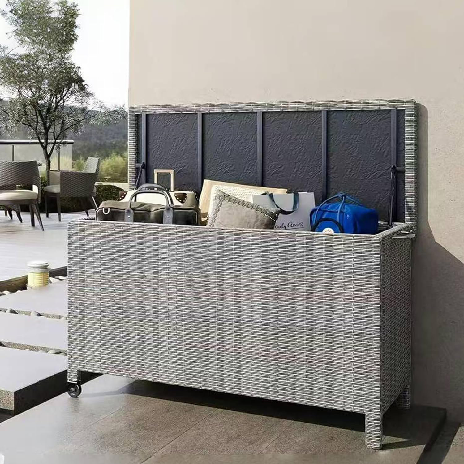 gaomon Outdoor 150 Gallon Rattan Deck Box With Support Frame And 2 ...