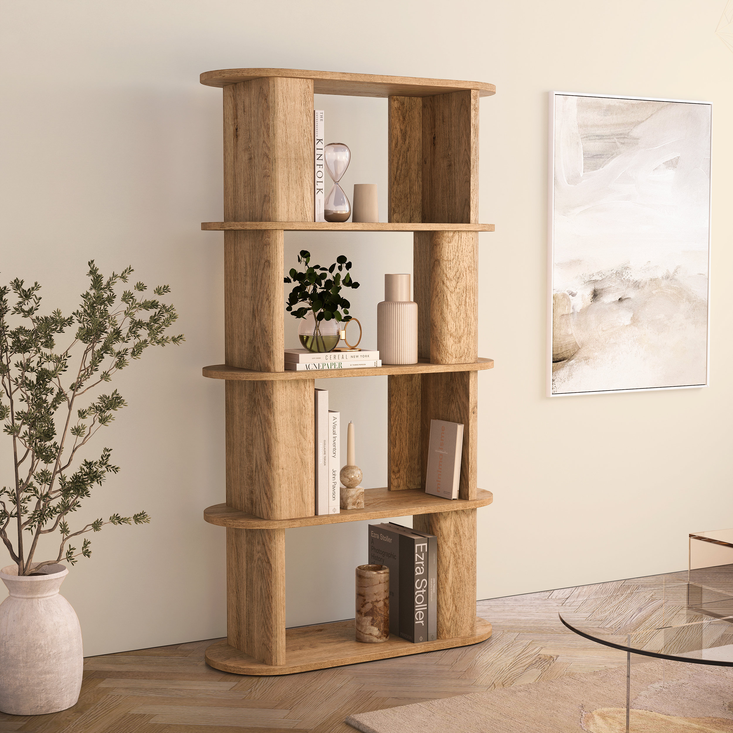 Loon Peak Janarius 62" Modern Bookcase and Tall Shelving Unit Oak ...