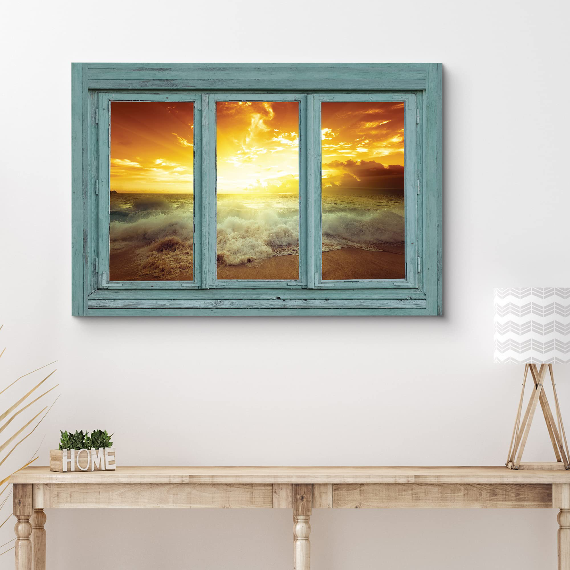 IDEA4WALL Window Scene " Window View Beach Waves With Orange Sunset ...