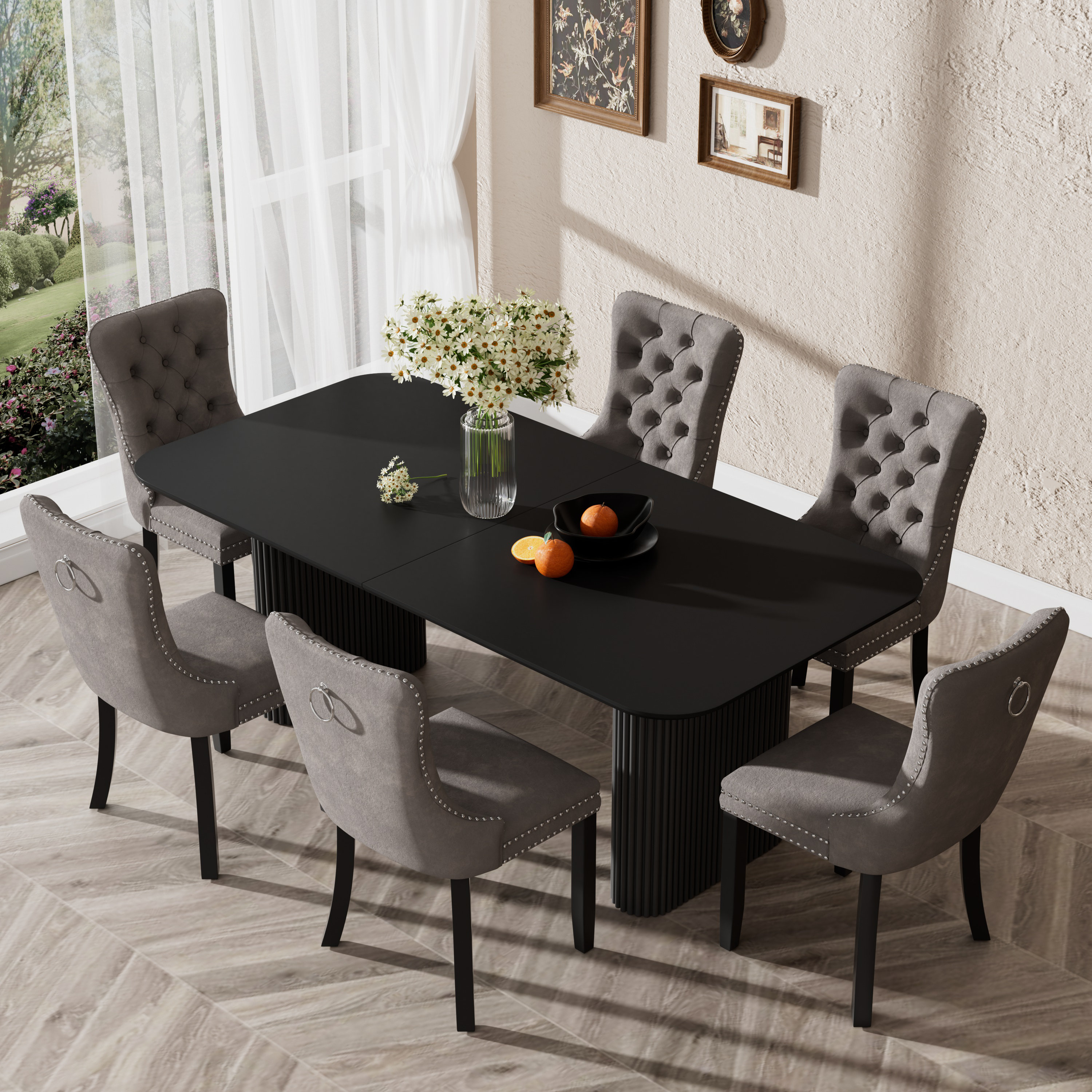 House of Hampton® 70.9 " Rectangular Double Pedestal Dining Table Set ...