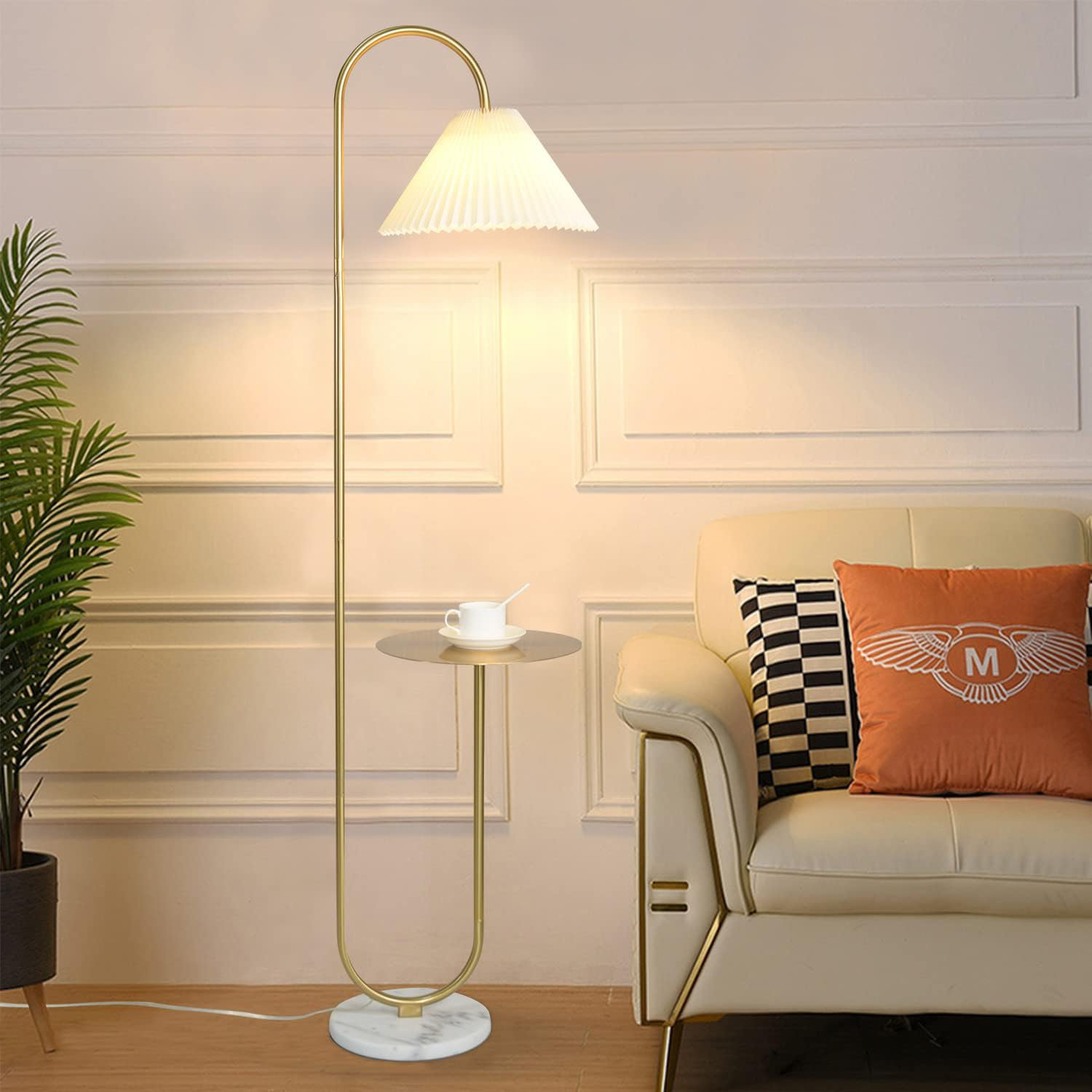 Everly Quinn Elegant Floor Lamp With Tray Table, Foot Switch & Brass ...