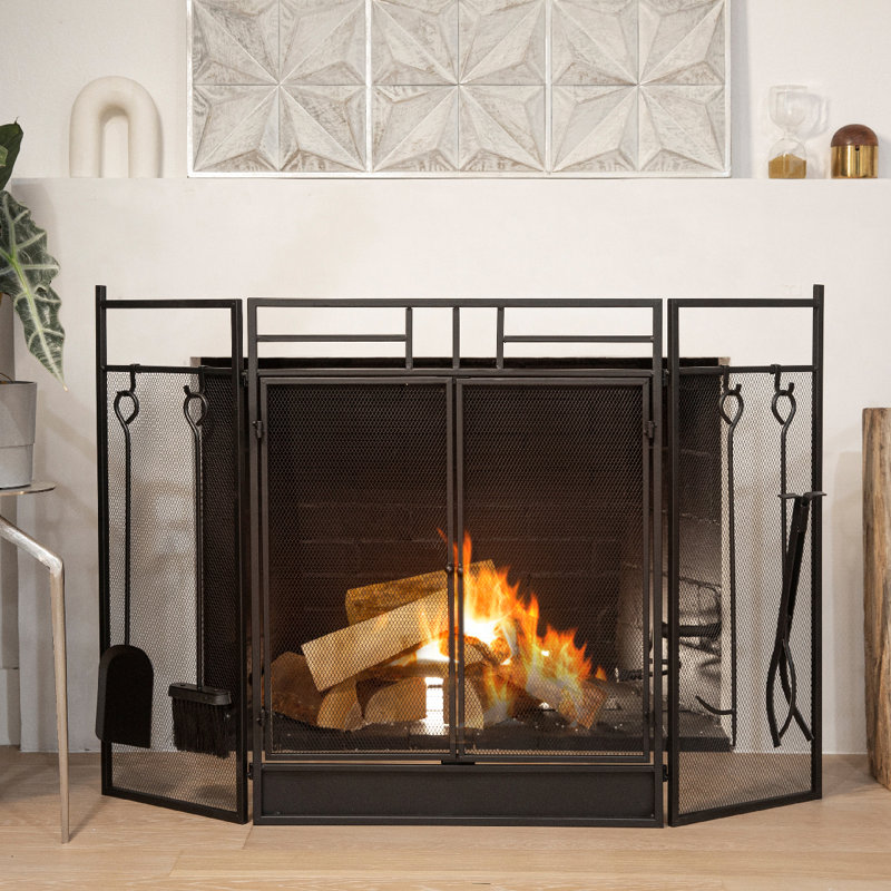 Andover Mills™ Hagberg Fireside Essentials 3-Panel Screen+ 4-Piece Tool ...