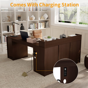 Inbox Zero Lauven L Shape Executive Desk with Drawers and Cabinet ...