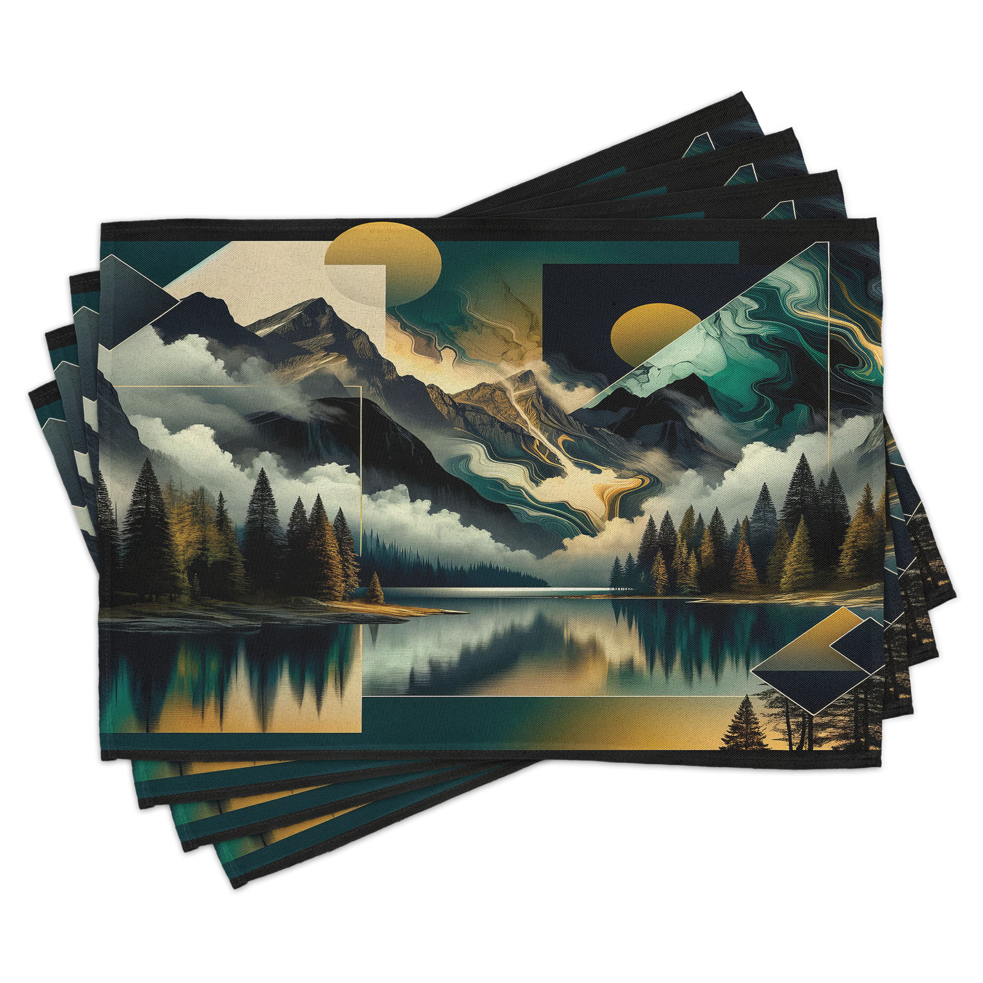 Ambesonne Lake Place Mats Set of 4 Clouds Mountains Geometric Art ...