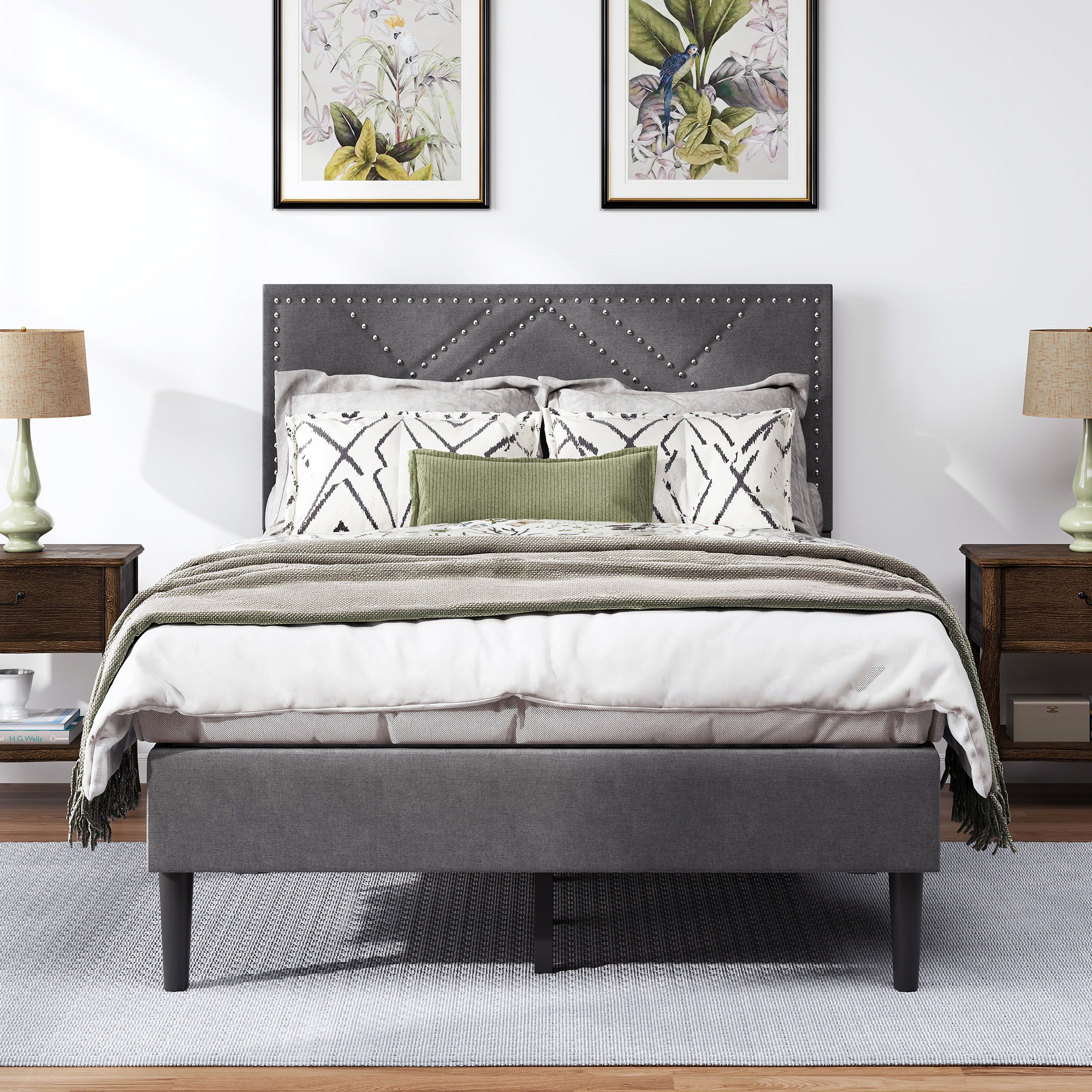 Bay Isle Home™ Wooden Platform Bed with Natural Rattan Headboard ...