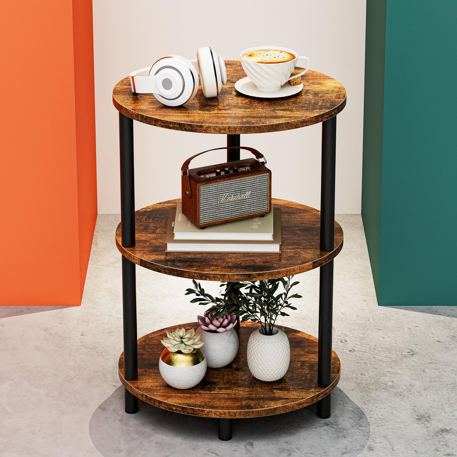 17 Stories Three-Tier Oval Side Table, Rustic Wood And Metal, Easy To ...