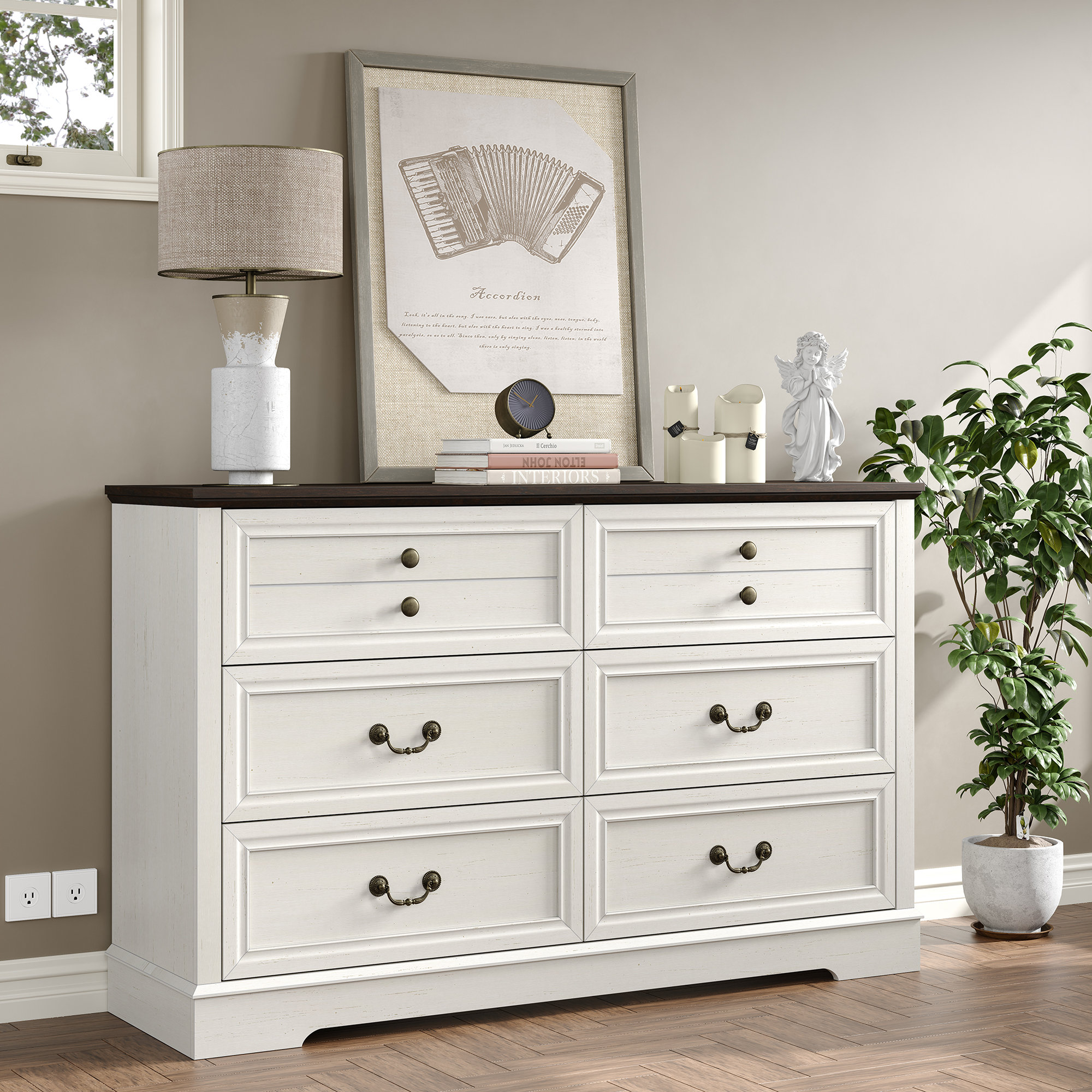 August Grove 55.2” Farmhouse 6 Drawer Dresser,Bedroom Dresser,Wood ...