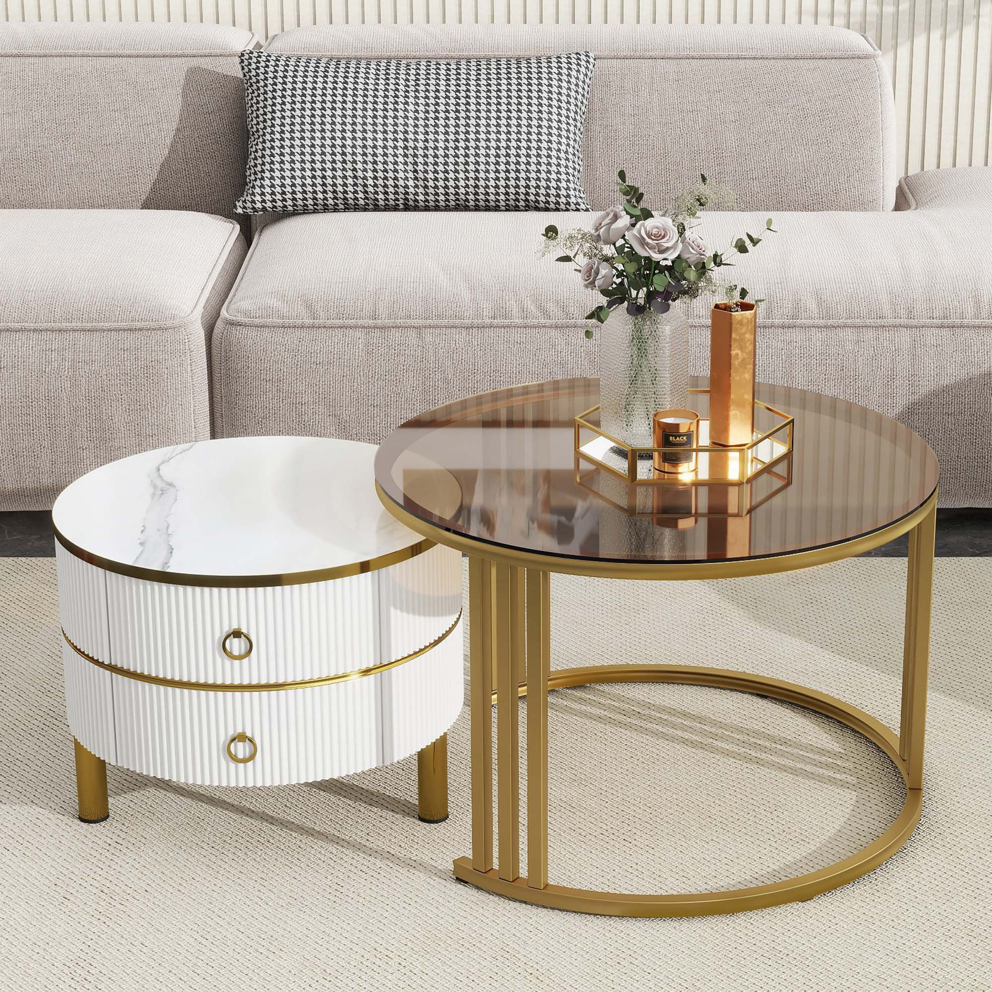 Everly Quinn High Gloss Coffee Table with 2 Drawers ,Marble Tabletop ...