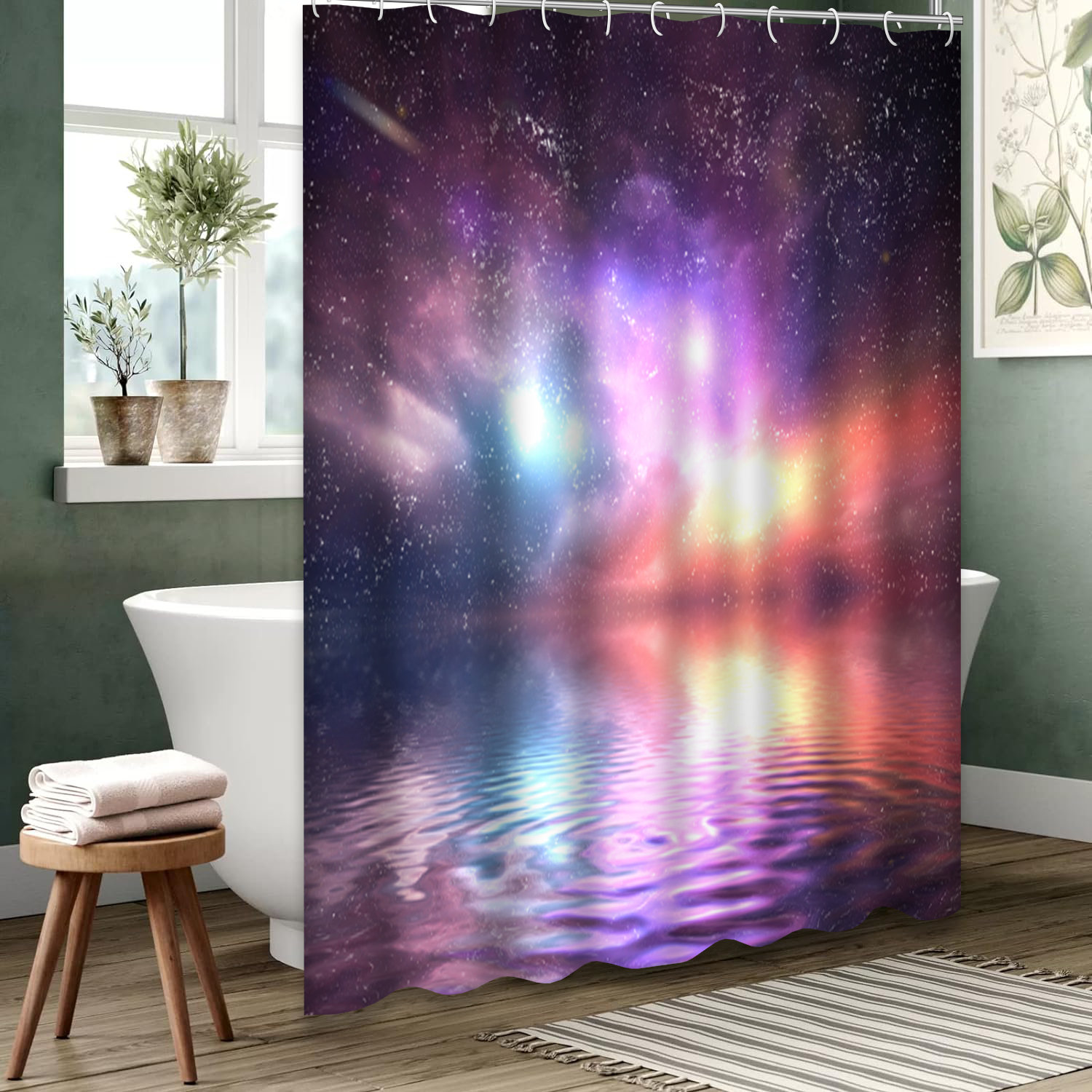 East Urban Home Galactic Ocean Waterproof Shower Curtain with 12 Hooks - Starry Fantasy ...