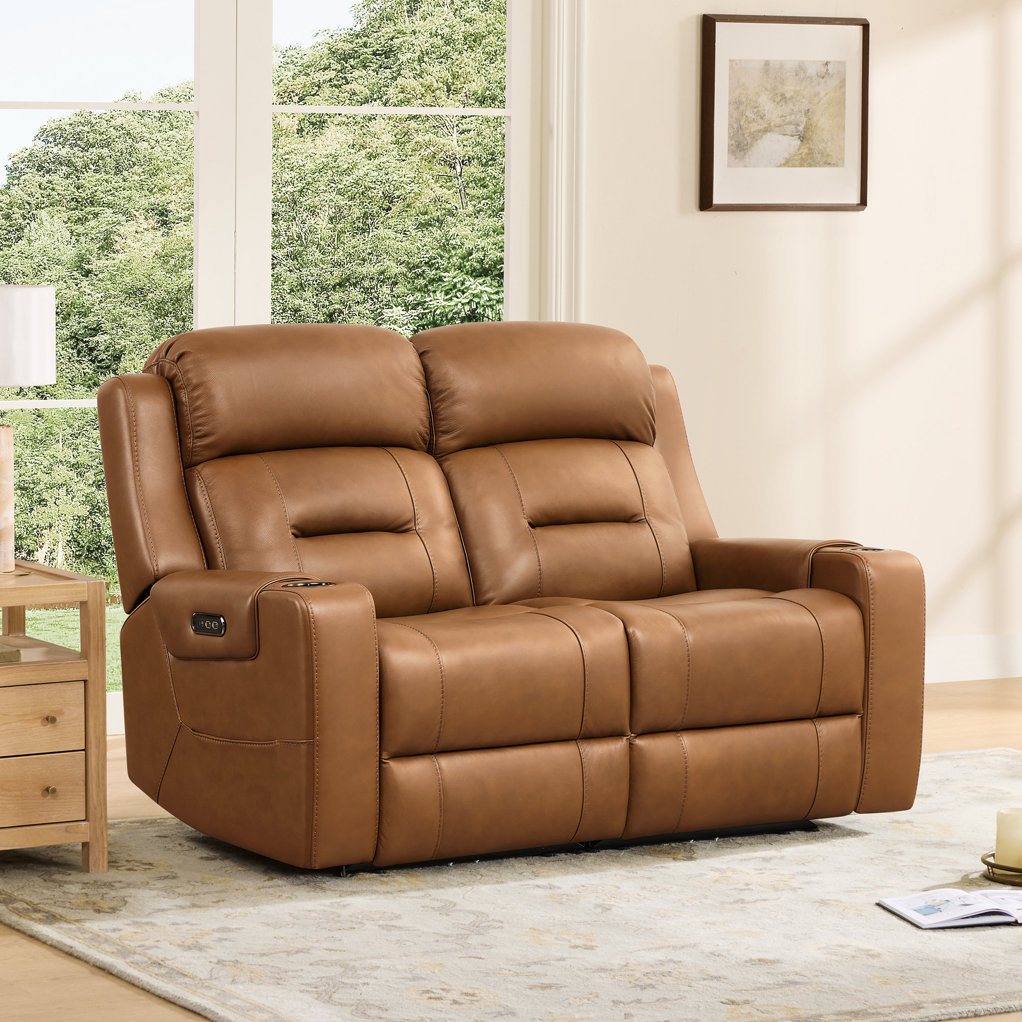 Latitude Run® Genuine Leather Dual Motor Power Reclining Lay Flat Sofa ...