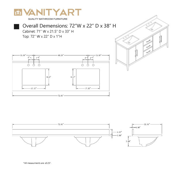 Vanity Art 72'' Double Bathroom Vanity with Engineered Marble Top | Wayfair