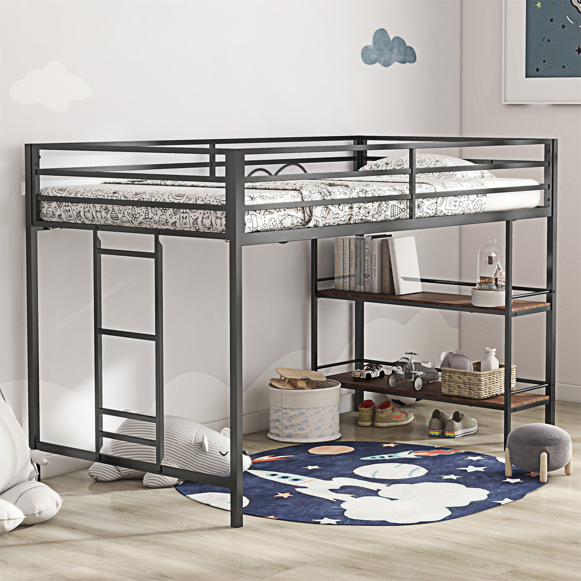 Mason & Marbles Sturdy Junior Loft Bed Black With Cinnamon Wood Shelf ...