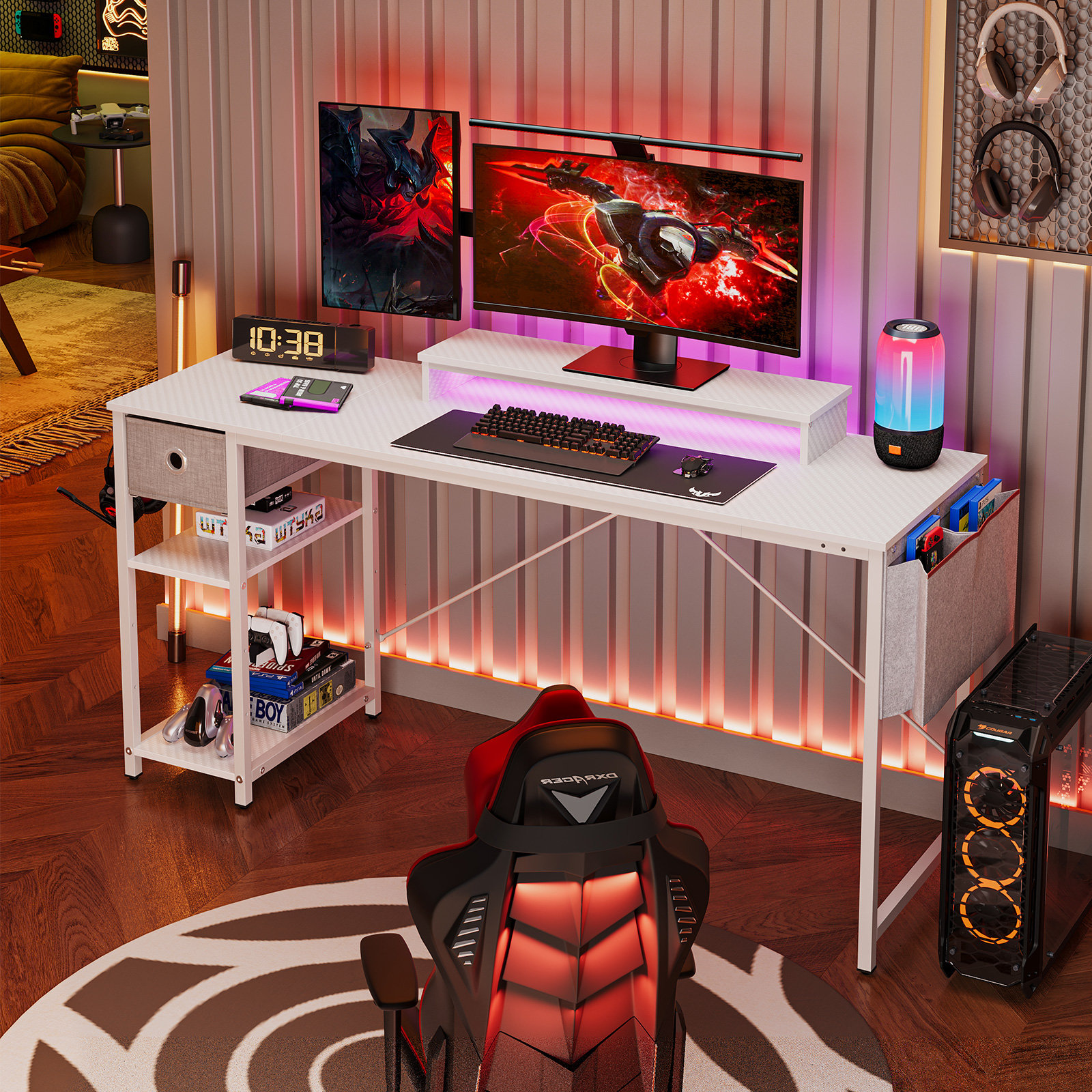 Wrought Studio™ 61 Inch Gaming Desk with LED Lights Desk with Monitor ...