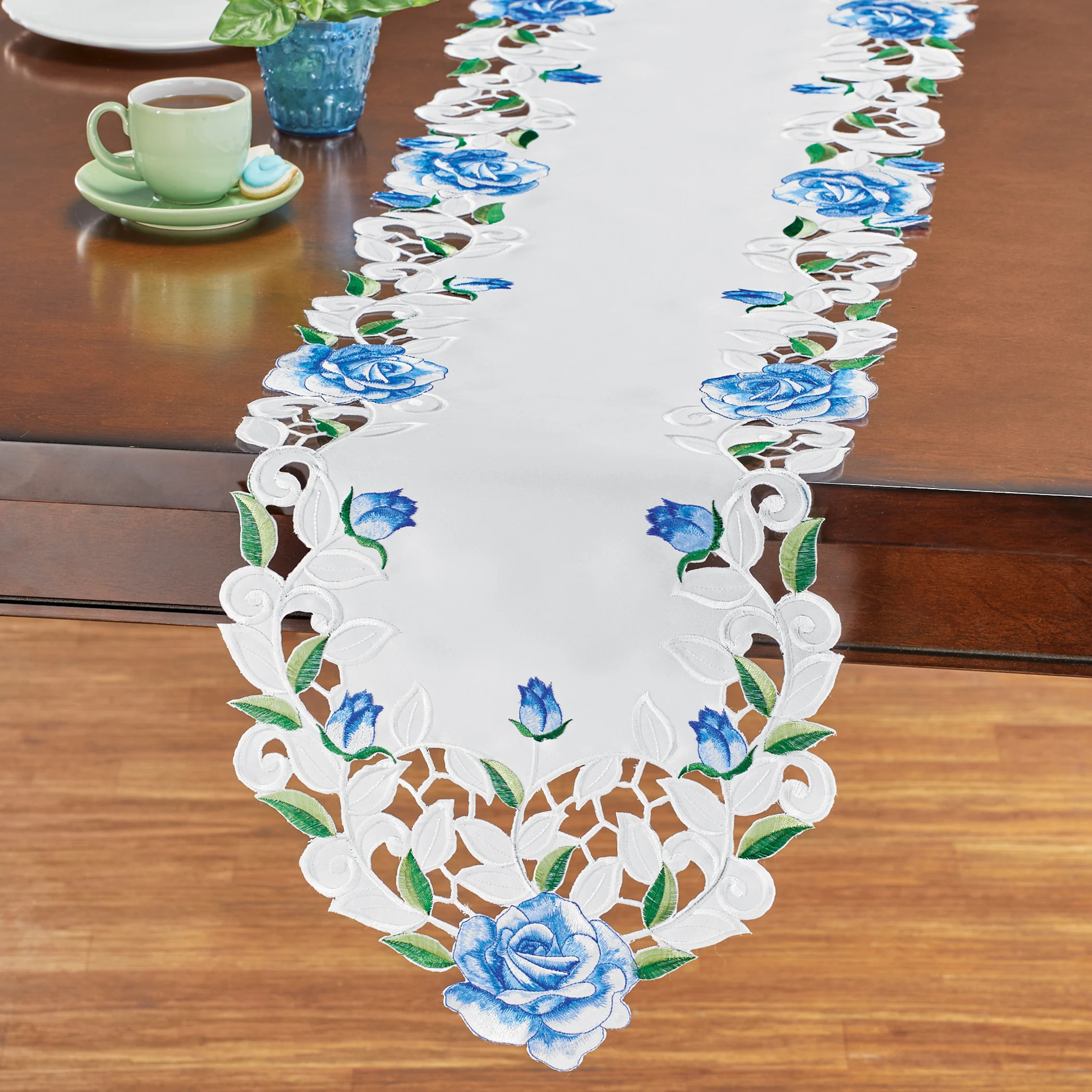 Winston Porter Embroidered Blue Garden Rose Table Linens | Wayfair