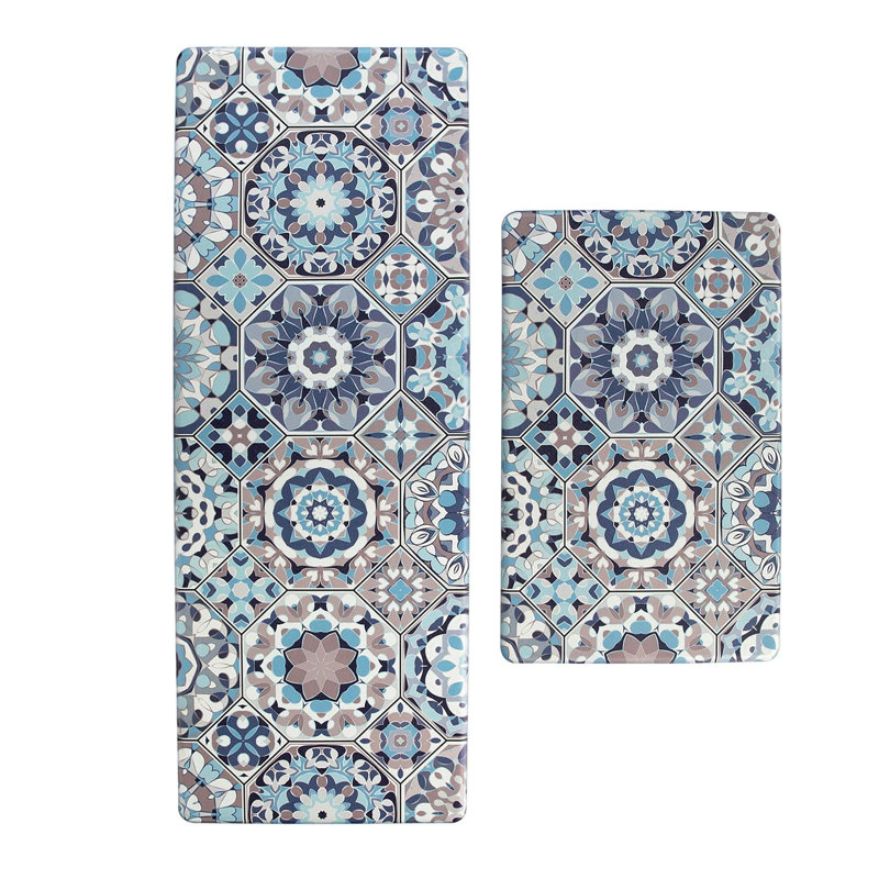 Bungalow Rose Anti Fatigue Kitchen Mat Set Of 2,Blue Cushioned Kitchen ...