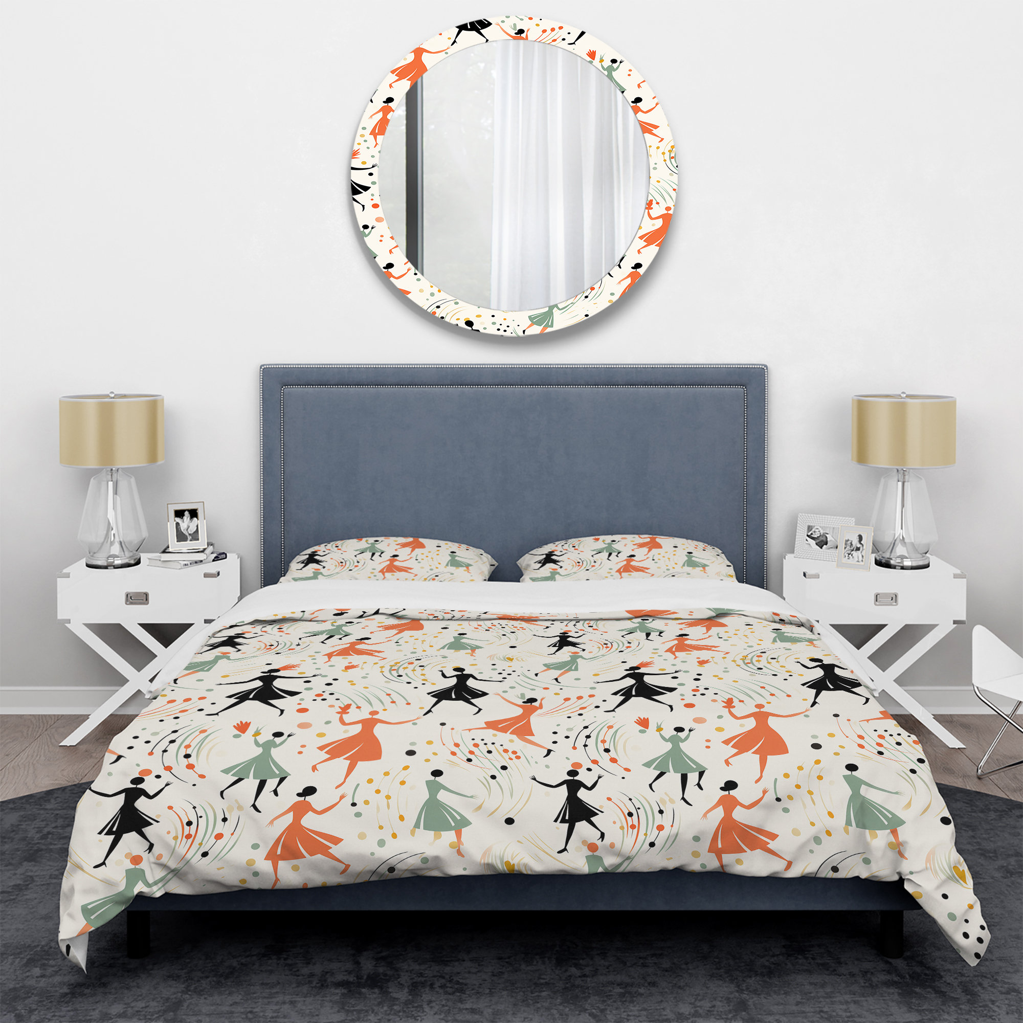 Design Art Midcentury Blue And Orange Poka Dota Dance - Midcentury ...