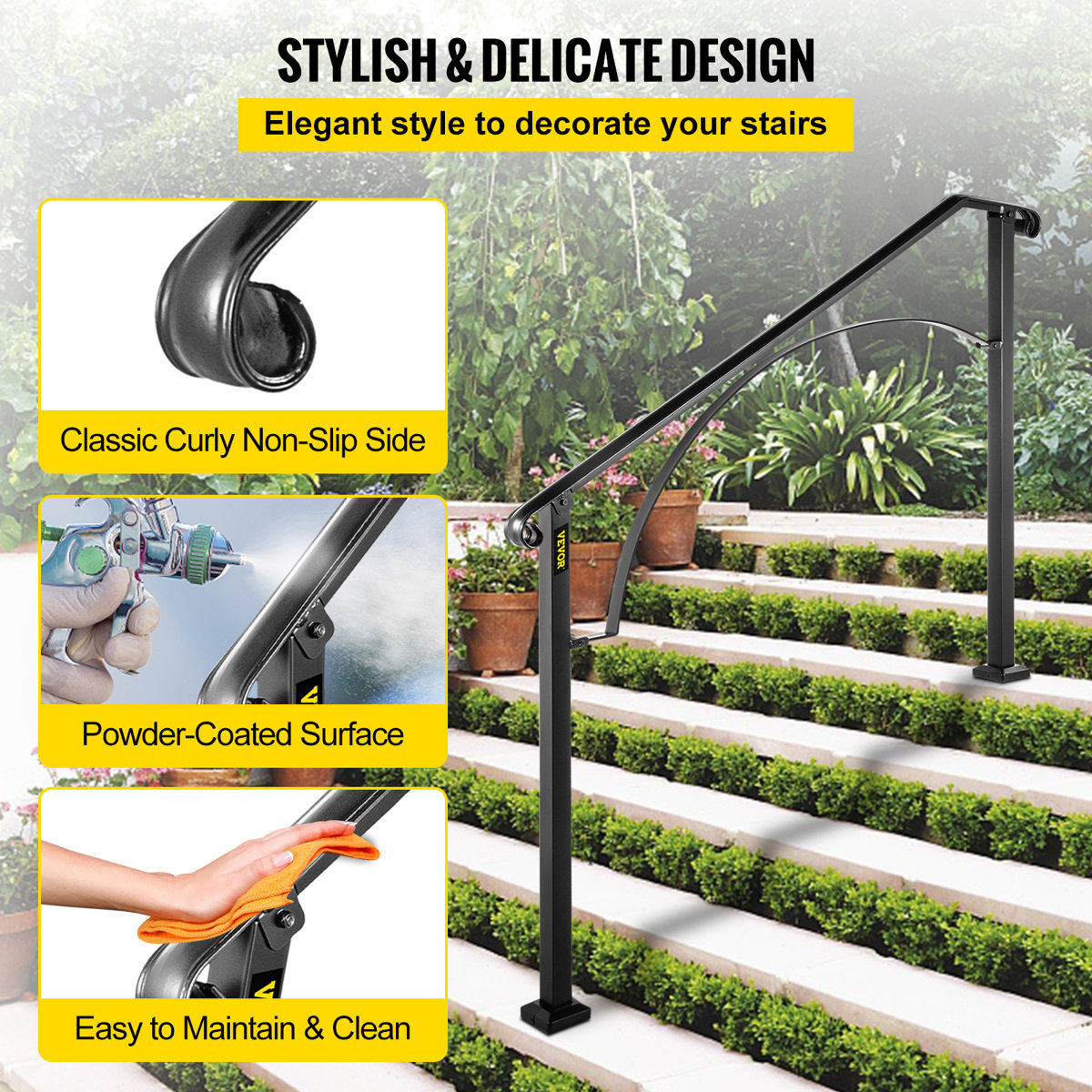 VEVOR Iron Handrail Arch Hand Railing Rail Black For Garden Paver Steps ...
