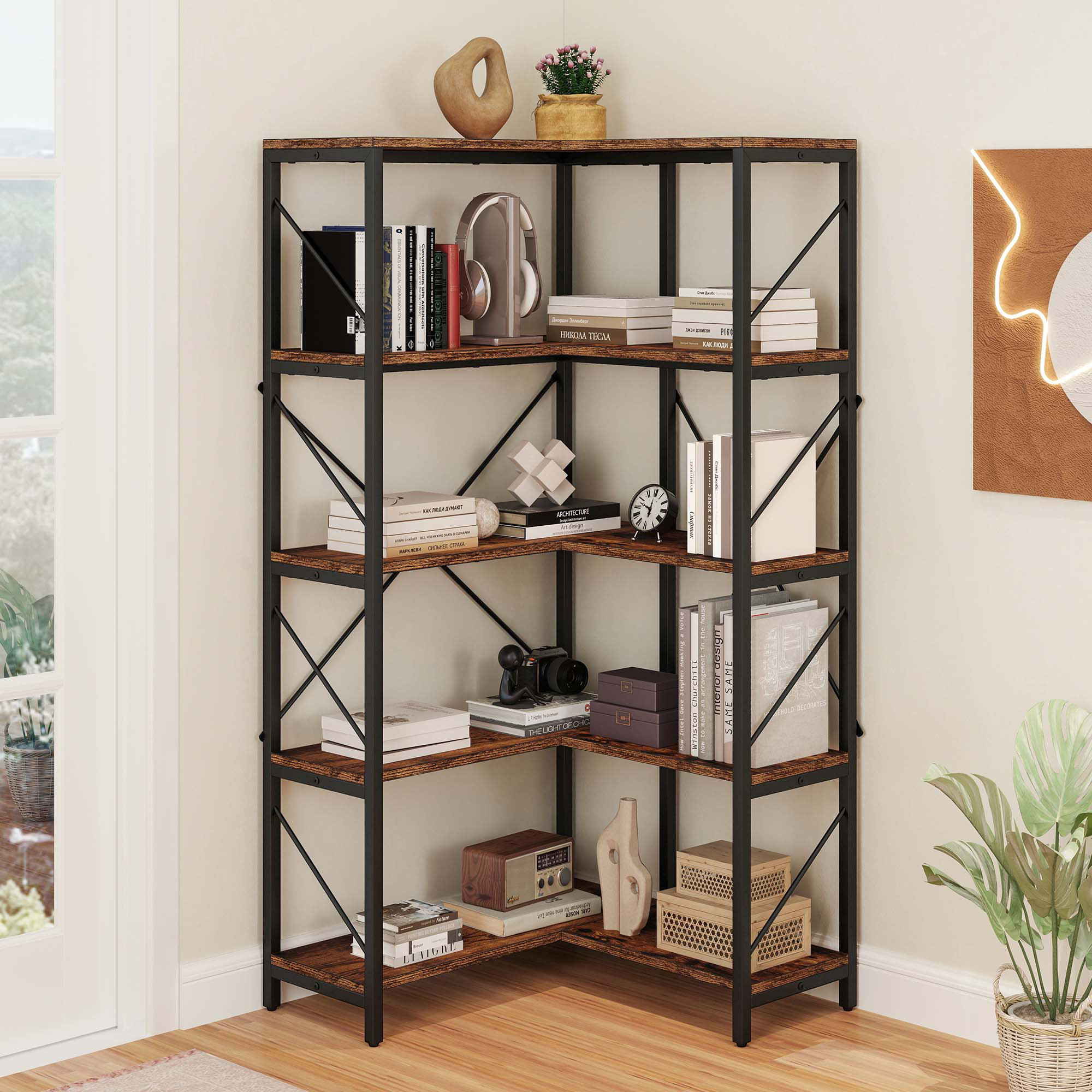 Ebern Designs Sukanya 5 Tier Corner Bookcase, Large Display Rack ...