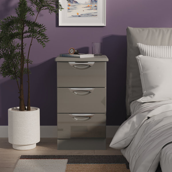 17 Stories Taetum 3 Drawer Bedside Cabinet in Grey Gloss & Dusk Grey ...