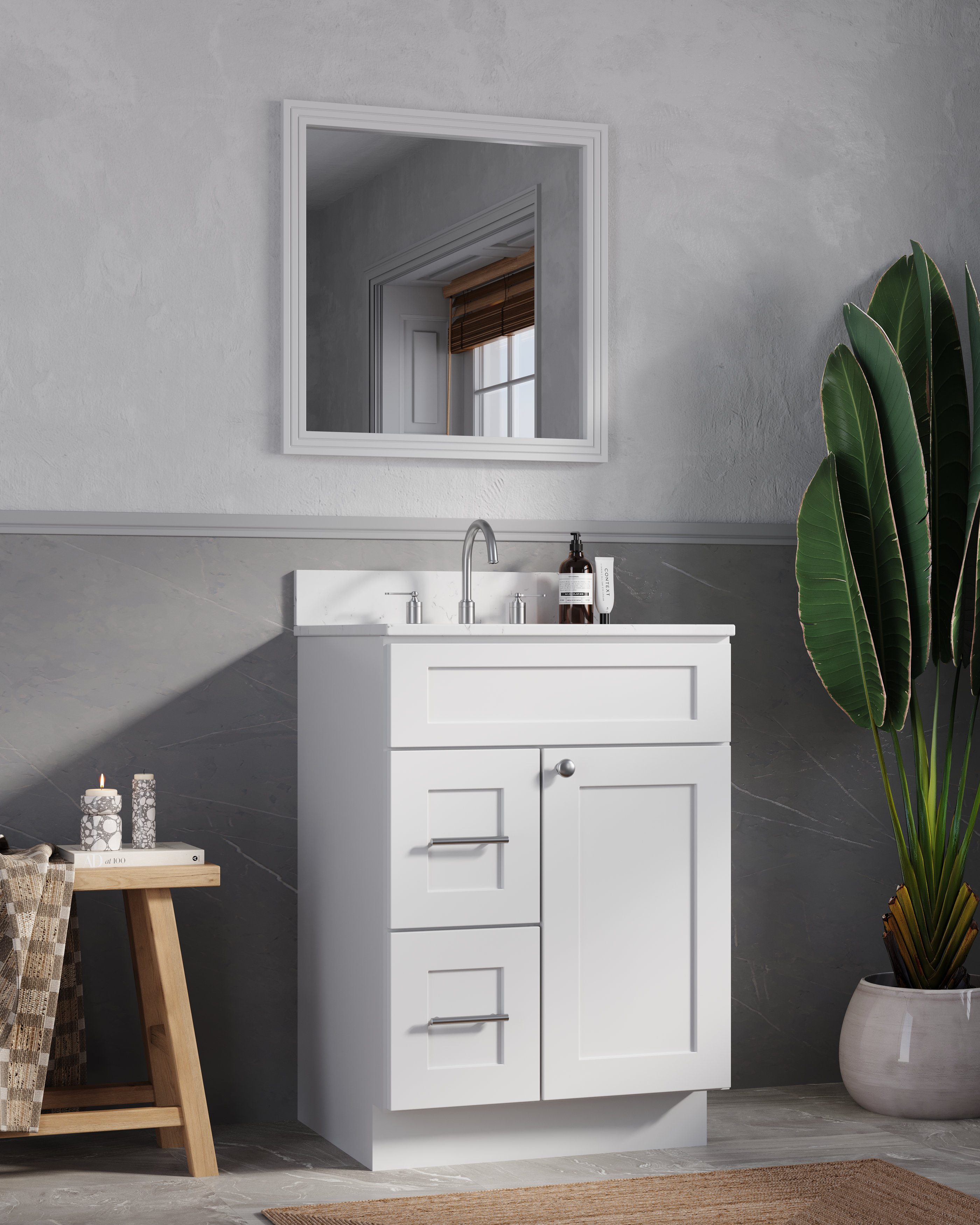 DISAR 24'' Single Bathroom Vanity Solid Wood With Carrara Quartz Top ...