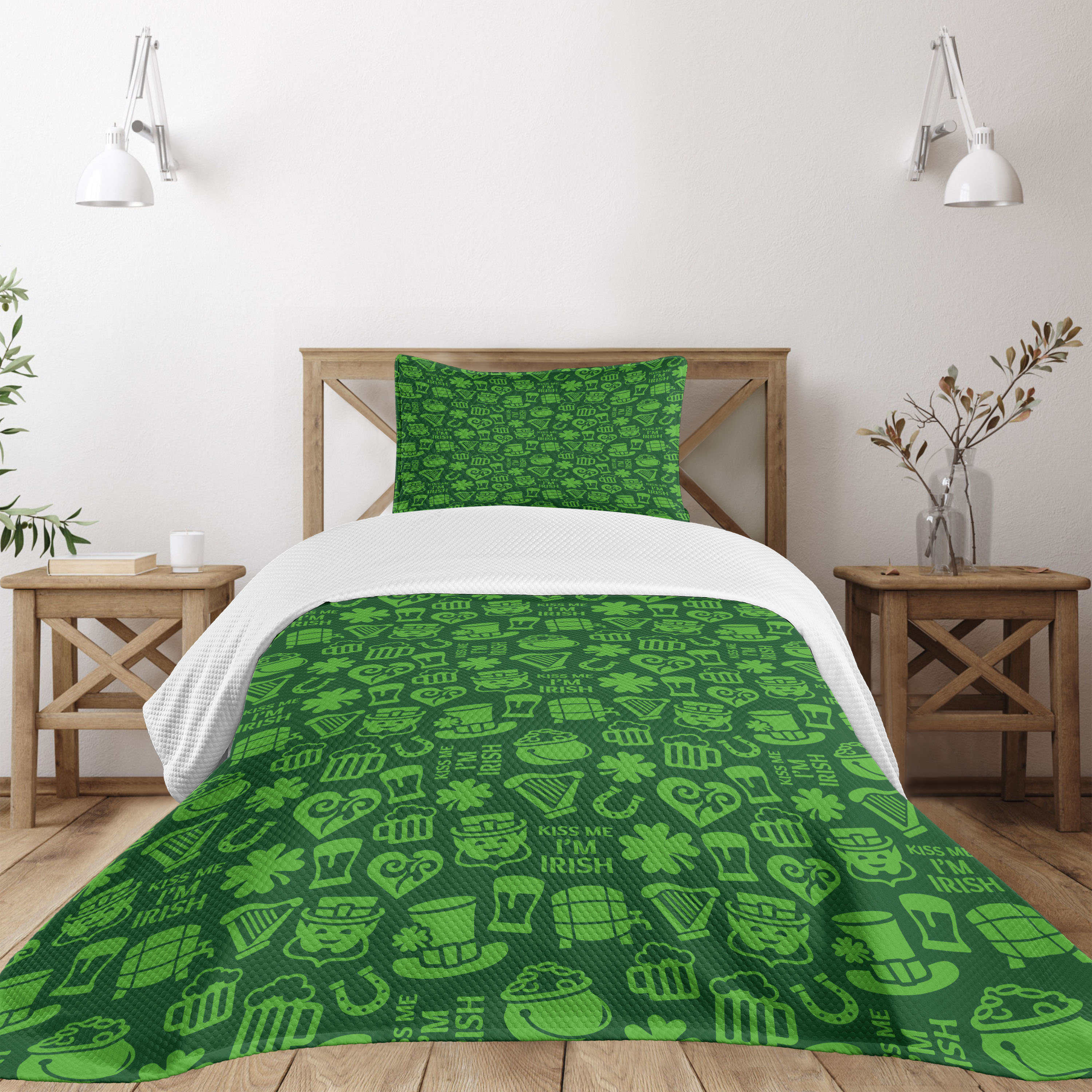 Ambesonne Irish Bedspread Set Kiss Me I'm Irish Humor Lime Green Green ...