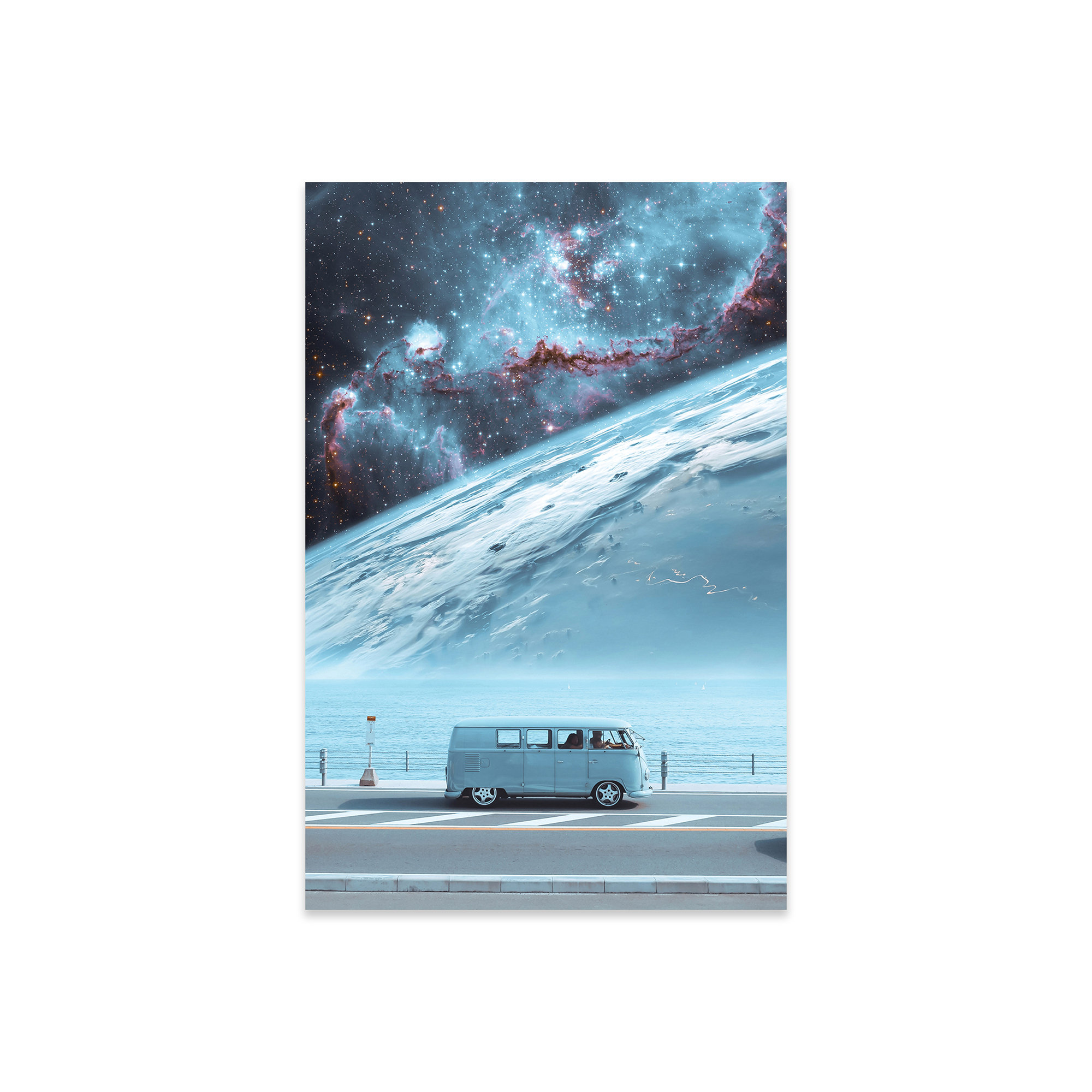 Millwood Pines Space Pastel Blue Van In Front Of Planet Earth | Wayfair